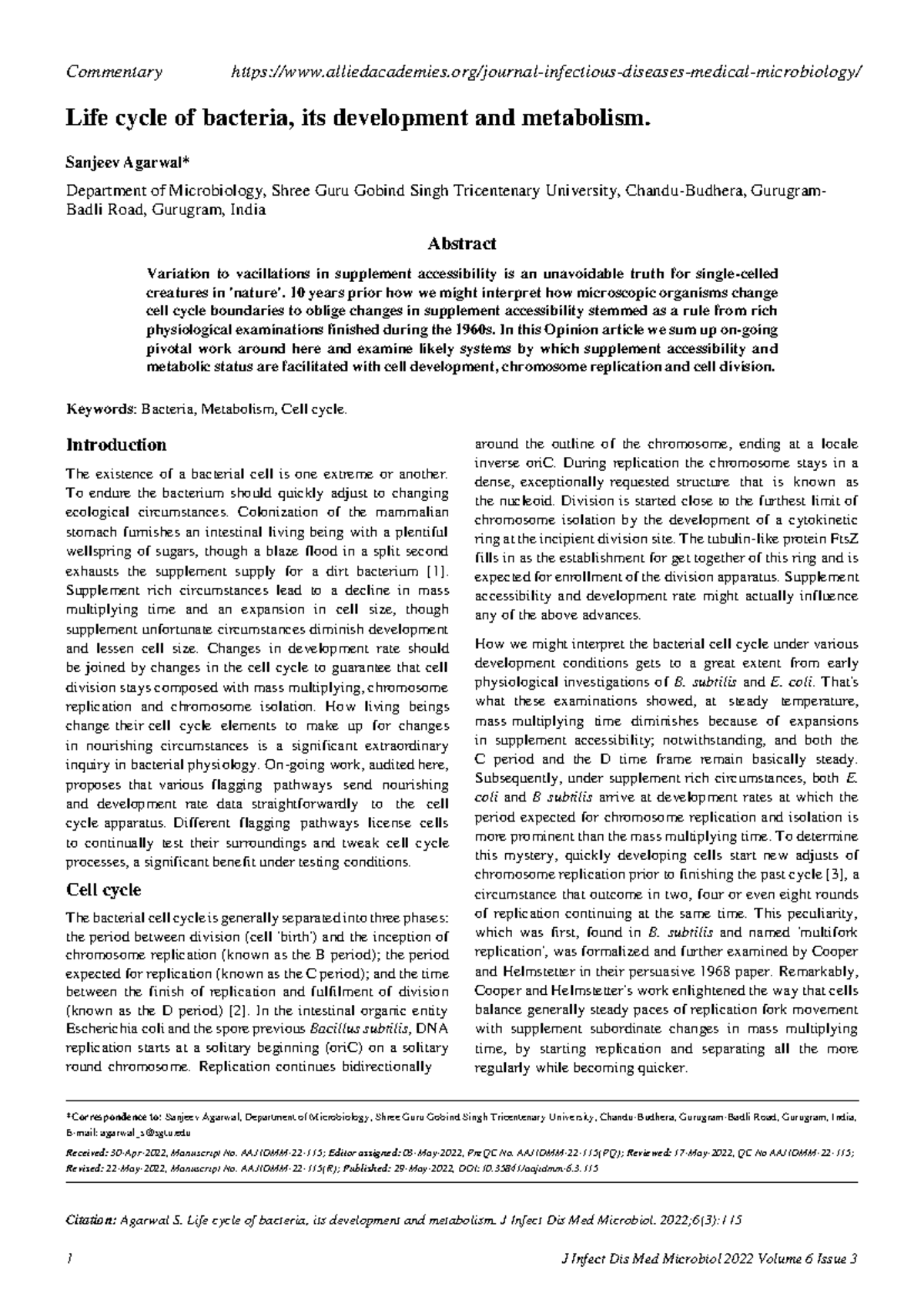 Bacterial Life Cycle, Development, and Metabolism - JIDMM 6(3) - Studocu