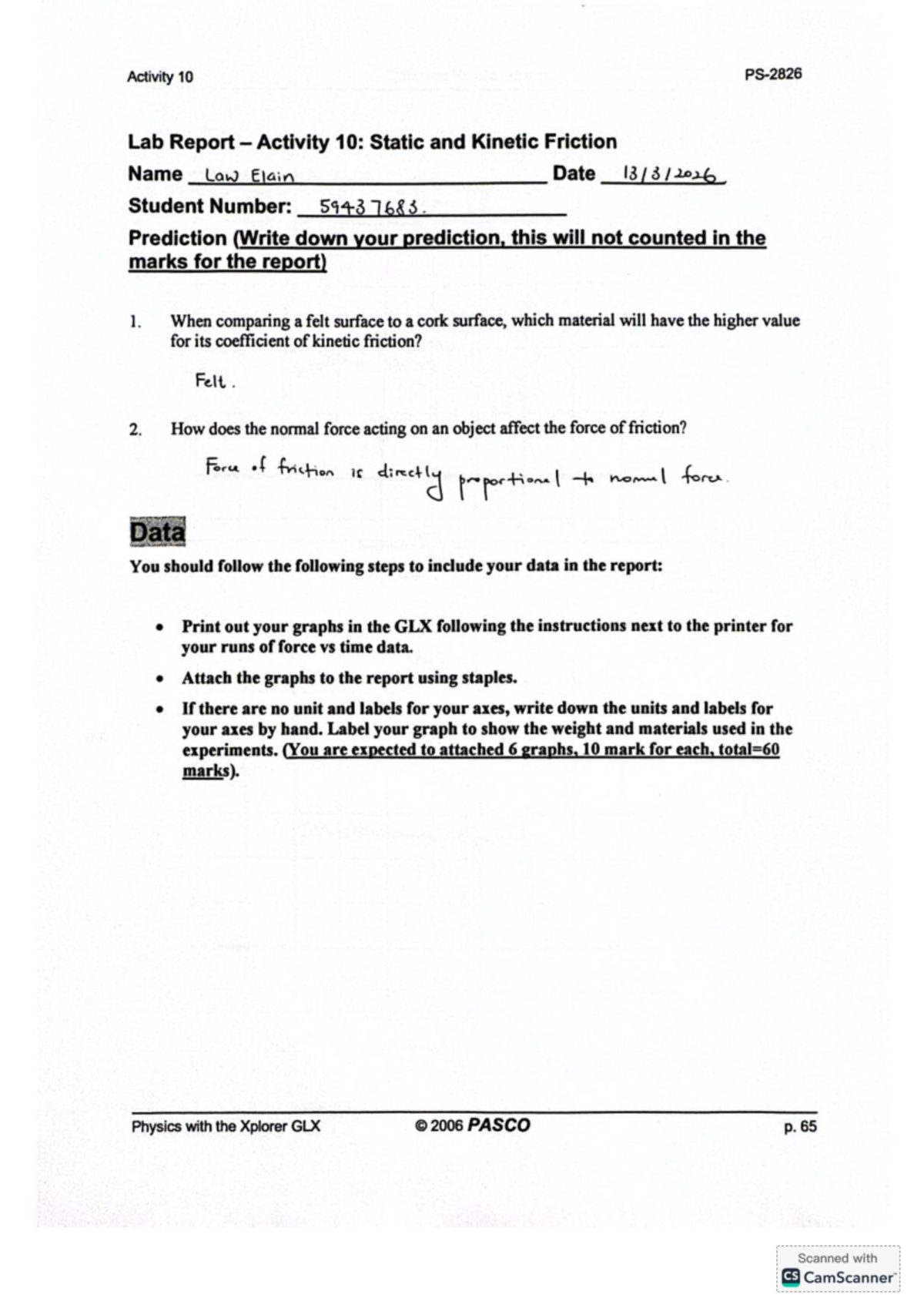 PHY1400 Lab Report: Activity 10 on Static and Kinetic Friction - Studocu