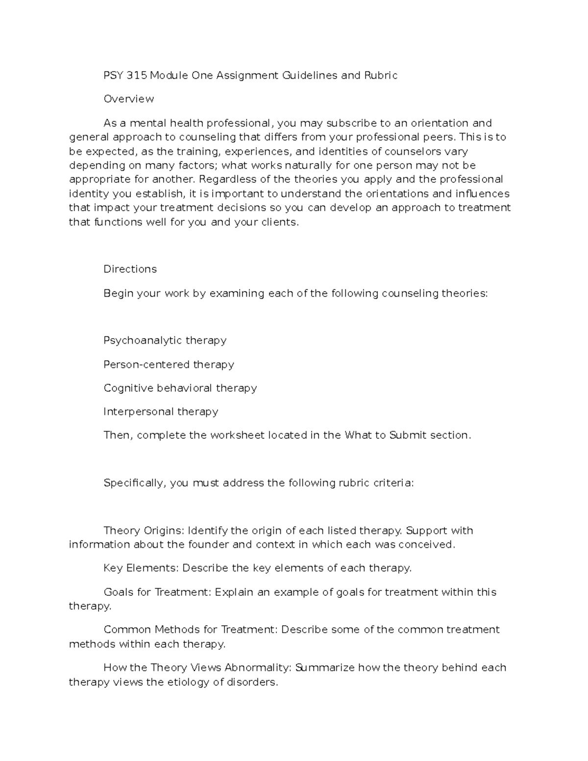 PSY 315 Module One Assignment Guidelines and Rubric Overview - Studocu
