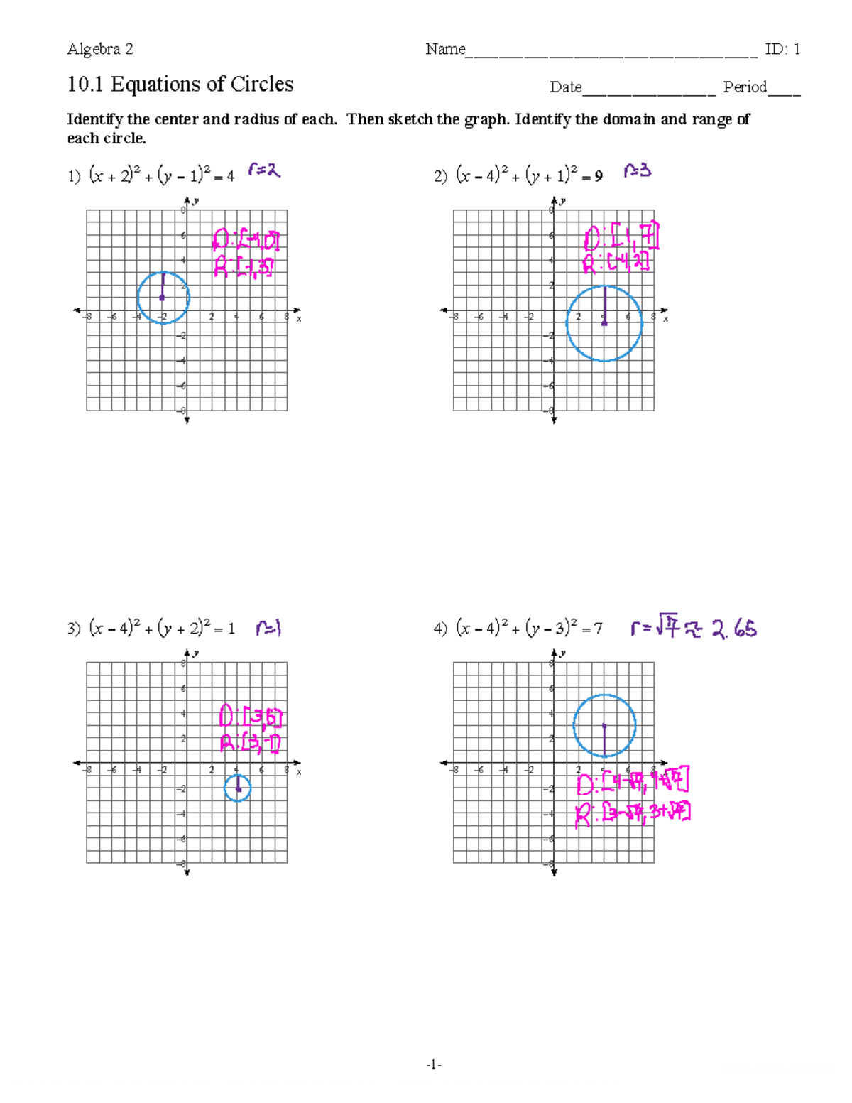 Algebra 2: 10.1 equations of circles - center, radius, and graph - Studocu