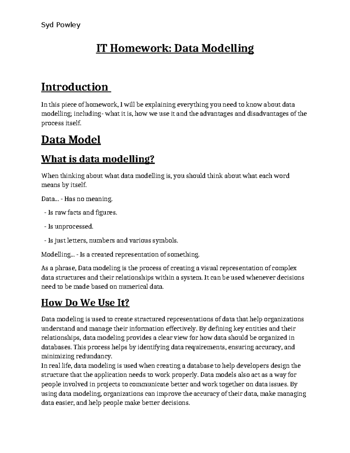 IT- Data Modelling Homework: Understanding Concepts & Uses - Studocu