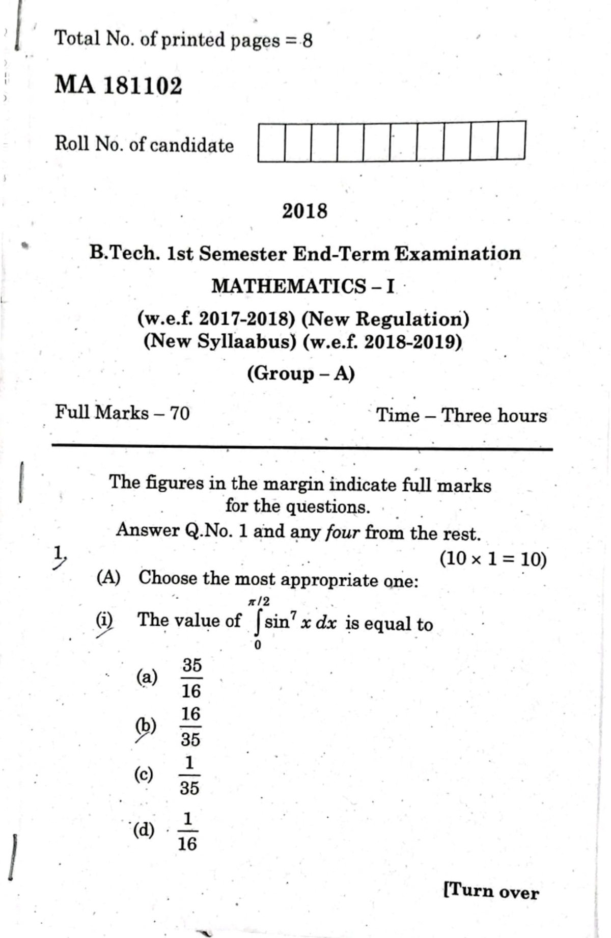 1st Sem MA 181102 Mathematics I Previous Year Questions - Studocu