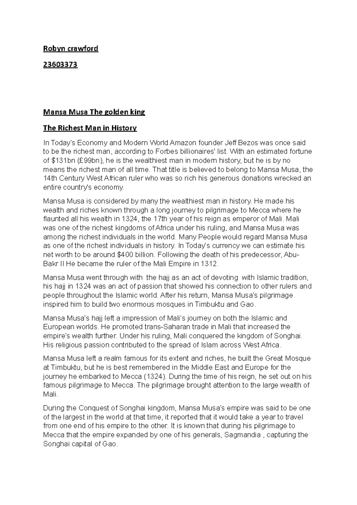 Mansa Musa: Wealth & Legacy - History Notes (23603373) - Studocu