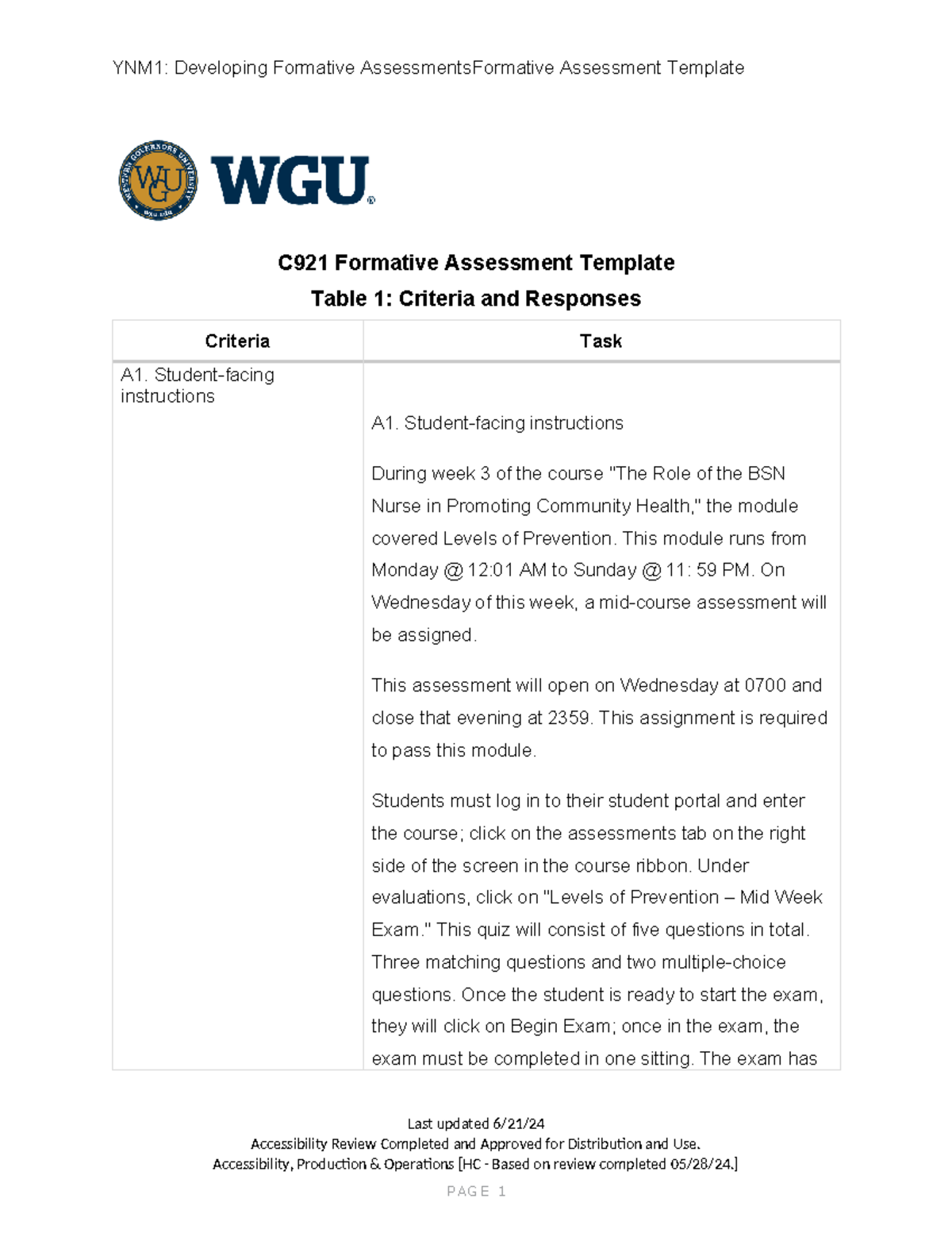 C921 Formative Assessment Task 1: Levels of Prevention Quiz Template ...