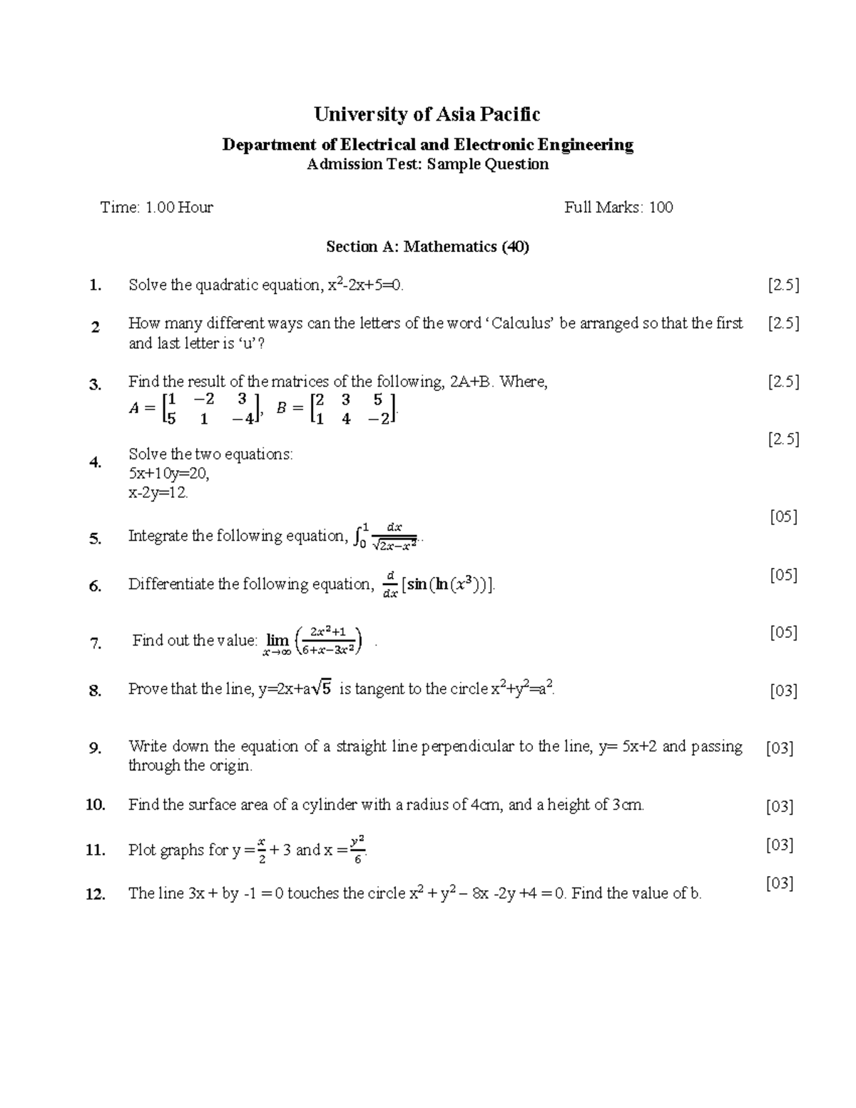 Sample Admission Test Questions for EEE - University of Asia Pacific ...