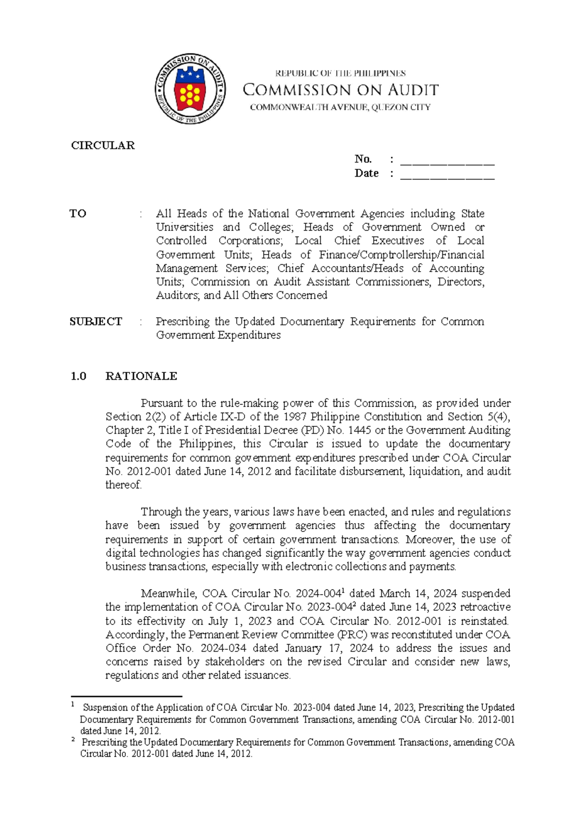 Updated COA Circular No. 2024-xxx on Documentary Requirements for Gov't ...