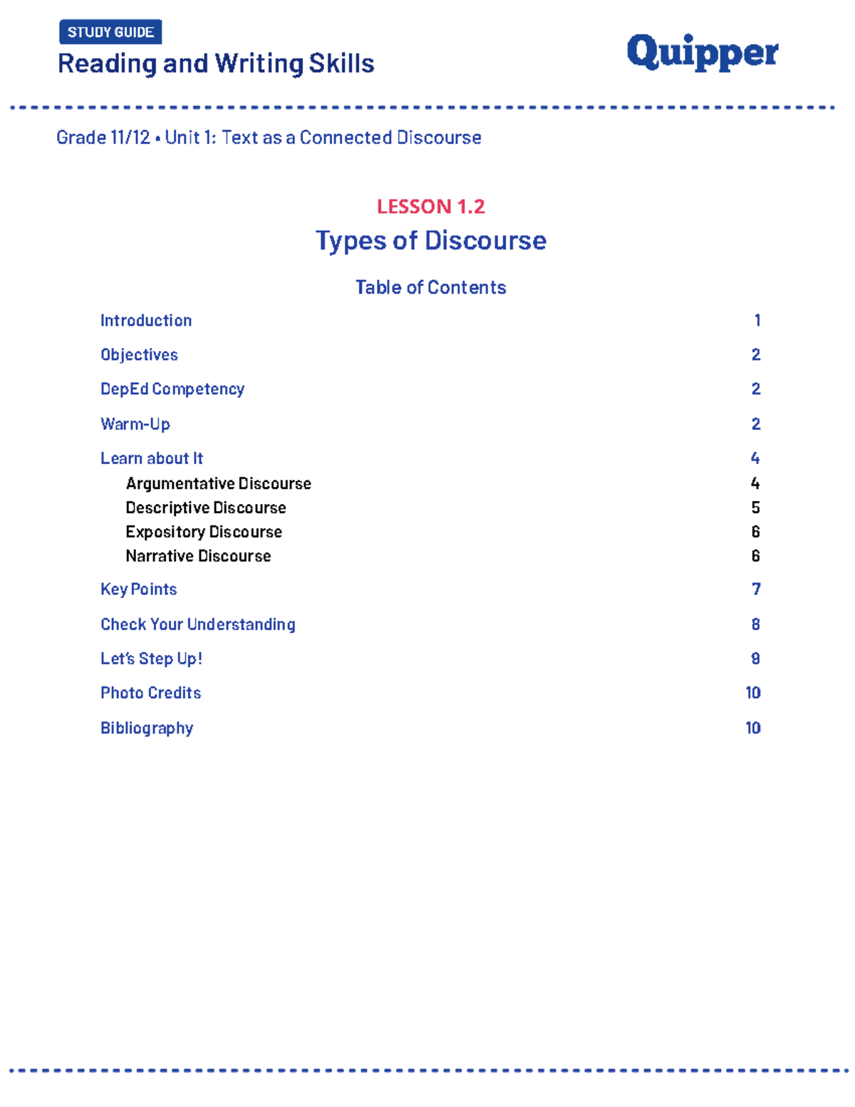 Reading and Writing Skills GRADE Unit 1: Types of Discourse LESSON 1.2 ...