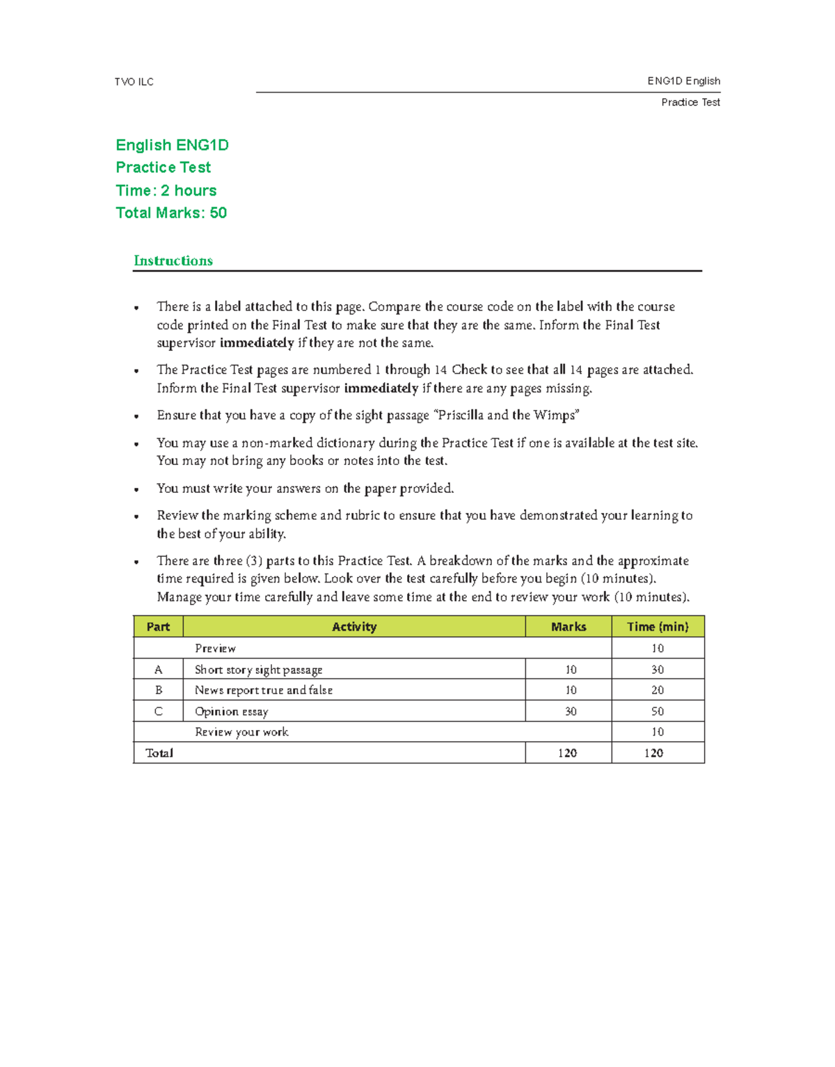 ENG1D - Practice Test (Short Story & Essay) - Studocu