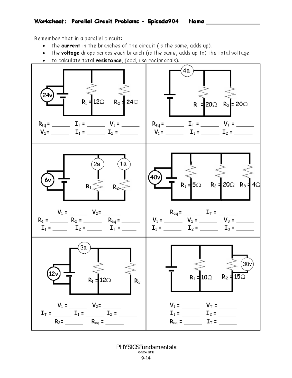 Parallel Circuits WS - Worksheet: Parallel Circuit Problems - Episode904 Name ...