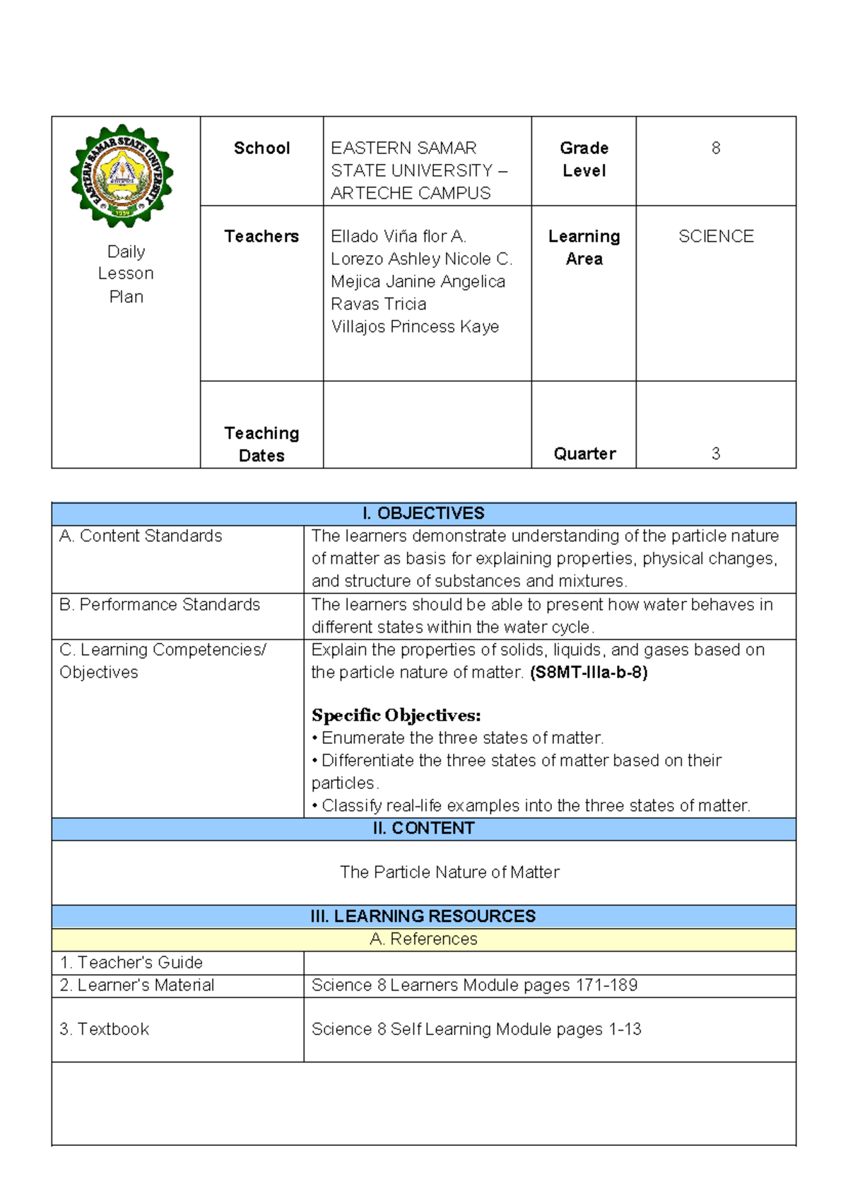 Final LP - Science 8 Lesson Plan on Particle Nature of Matter - Studocu
