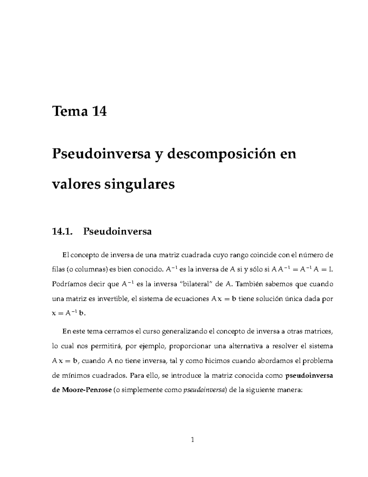 Pseudoinversa y Descomposición en Valores Singulares - Tema 14 - Studocu