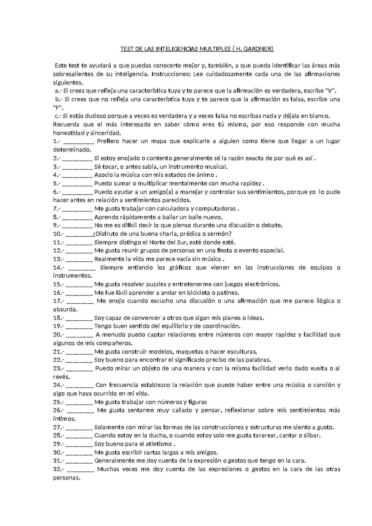 TEST DE LAS INTELIGENCIAS MÚLTIPLES (H. GARDNER) - Autoevaluación - Studocu