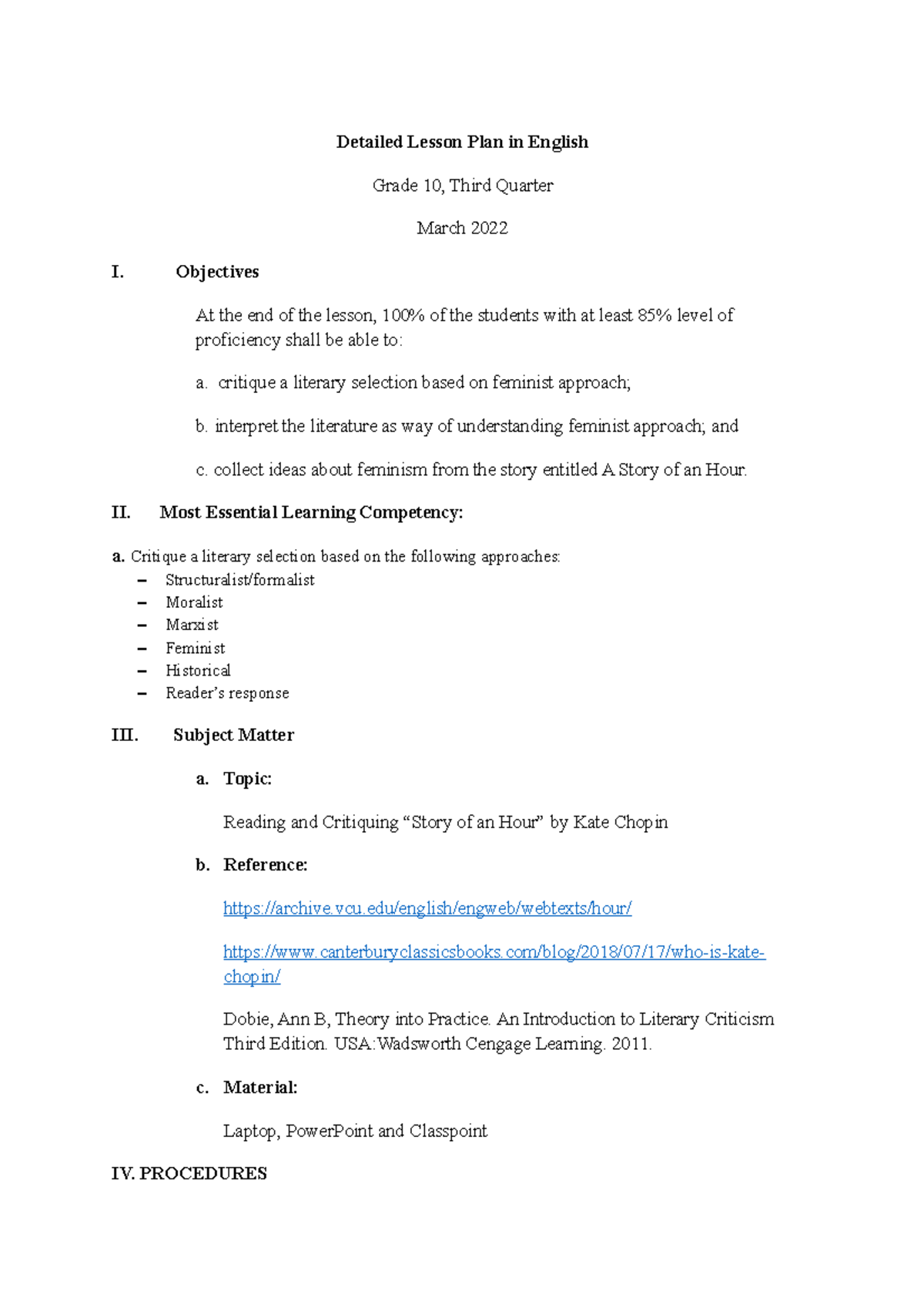 Detailed Lesson Plan: Feminist Criticism of "A Story of an Hour" (ENG10 ...