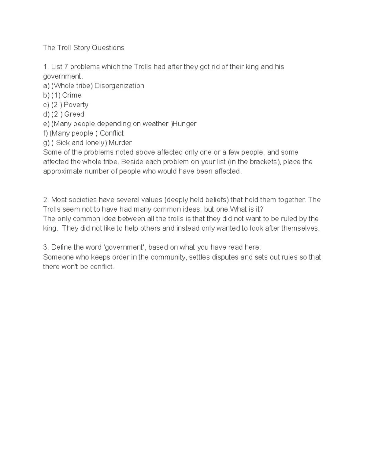 Troll Story Questions: Analyzing Problems and Values Post-King - Studocu