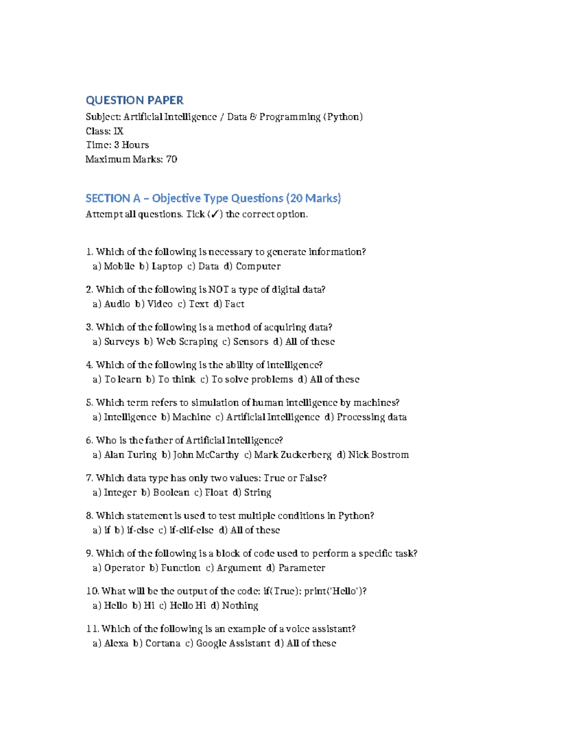 Class IX AI Question Paper: Data Programming (Python) Exam - Studocu