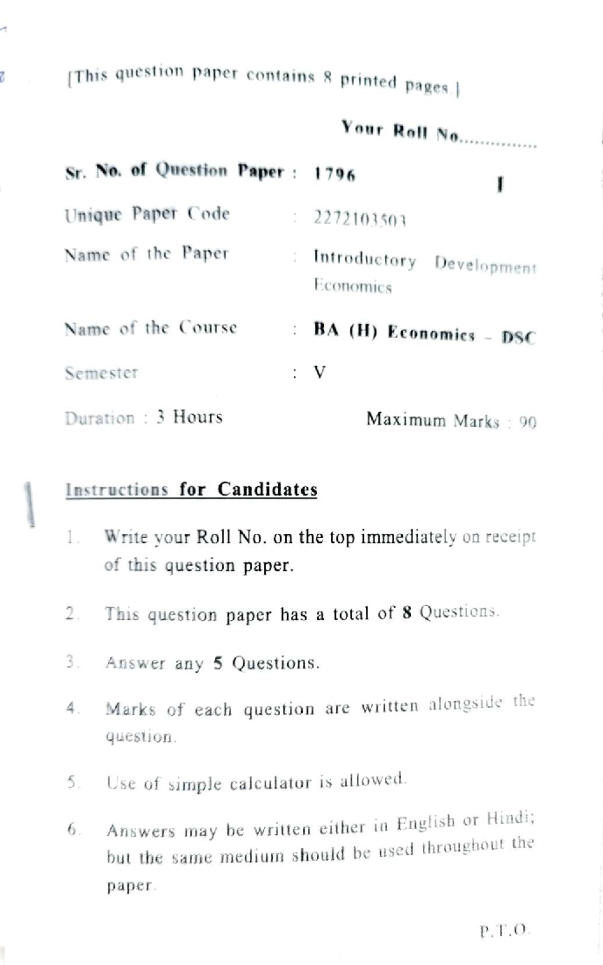 BA (H) Economics - IDE Sem5 2024 - Exam Paper on Development Economics ...