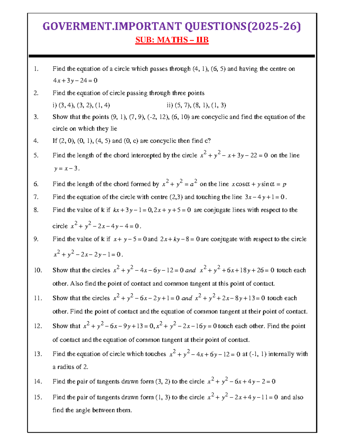 GOVT IMP. Questions for MATHS IIB: Circle Equations & Properties - Studocu