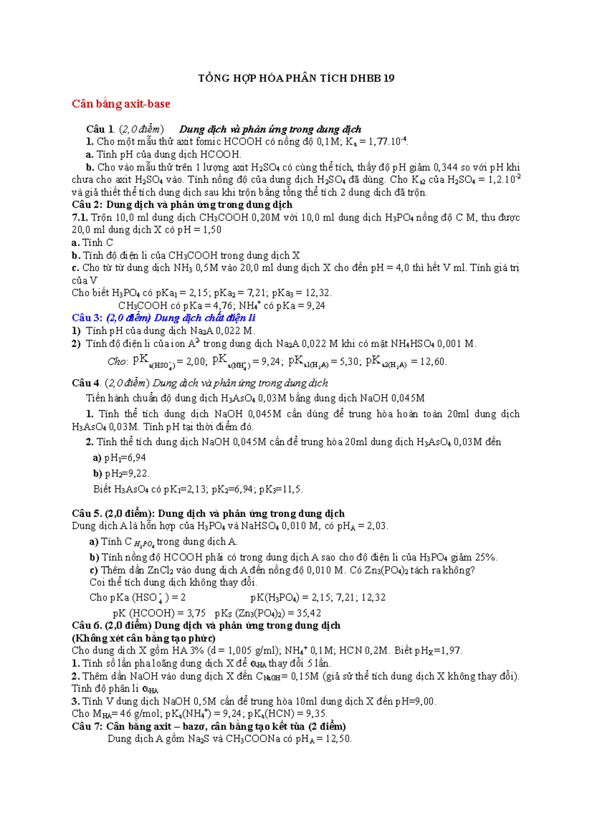 Hóa Phân Tích DHBB 19: Đề Thi Cân Bằng Axit - Bazơ và Điện Li - Studocu