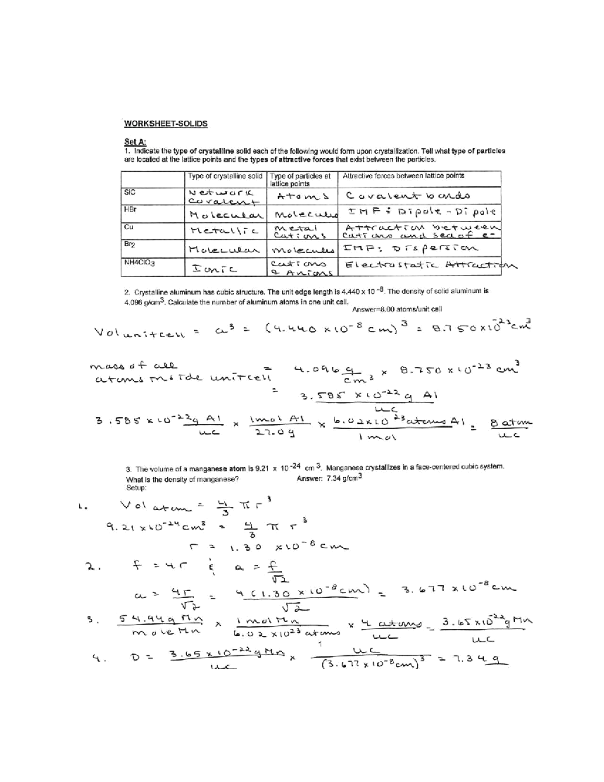 Solids Worksheet Answer Key - Set A: 1. Indicate the type of crystalline solid each of the ...