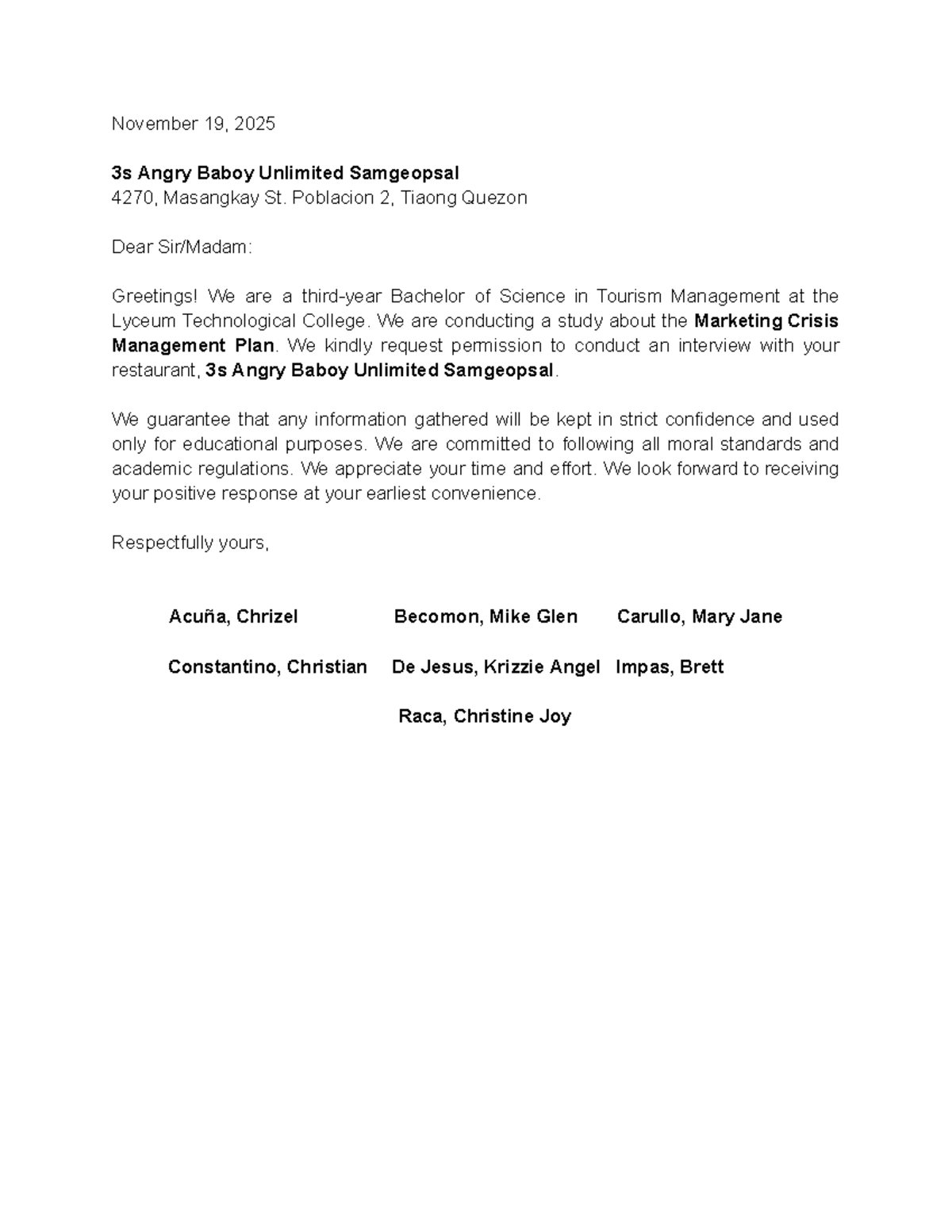 Approval Letter for Marketing Crisis Management Study - BSTM - Studocu
