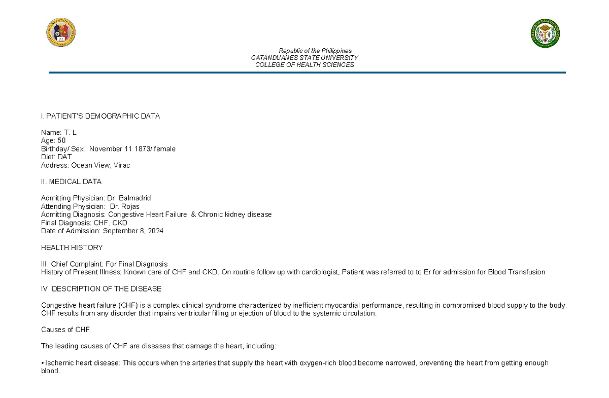 CASE STUDY: Nursing Notes on CHF & CKD Management - Studocu