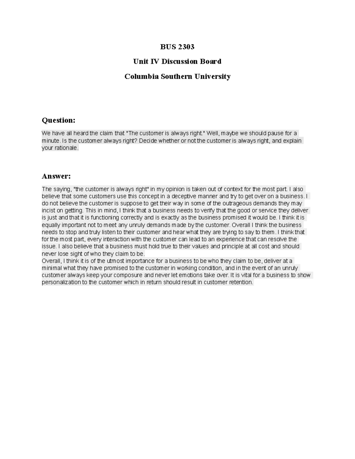 BUS 2303 Unit IV DB: Customer Rights Discussion and Analysis - Studocu