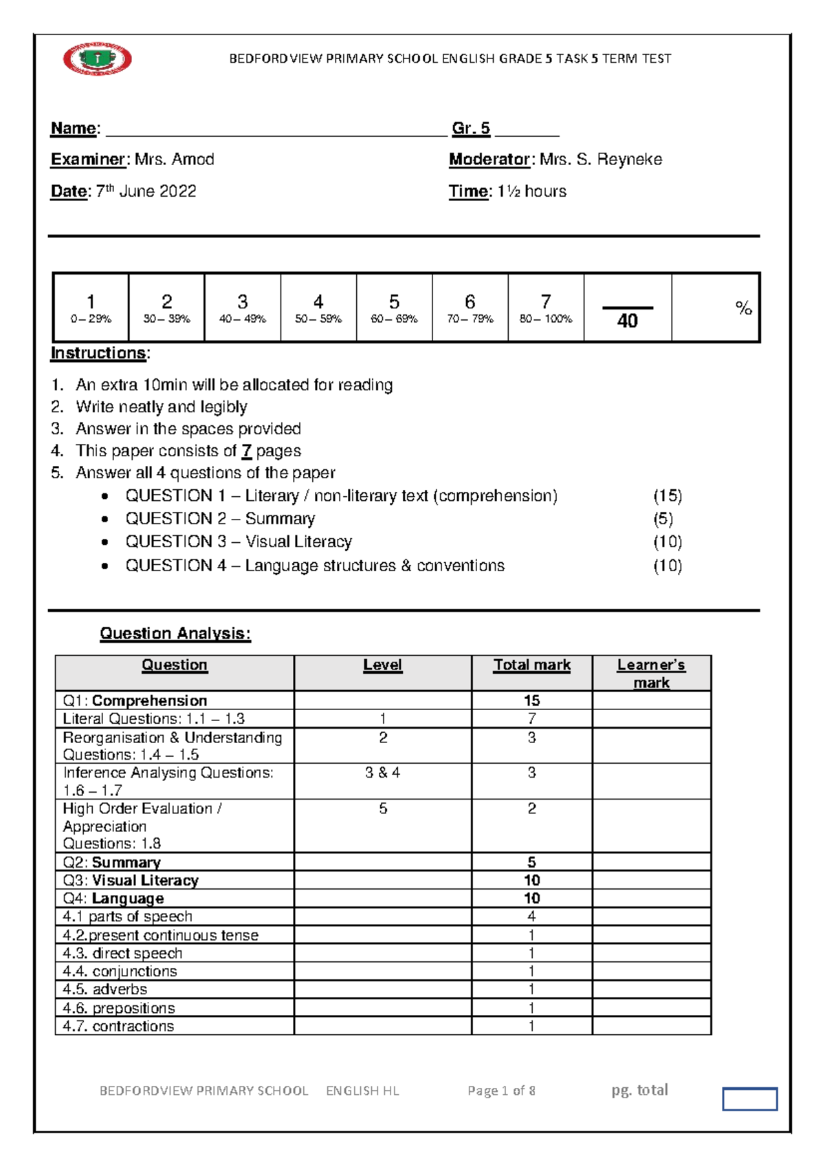 BEDFORDVIEW PRIMARY SCHOOL ENGLISH GRADE 5 TERM 2 TEST - Studocu