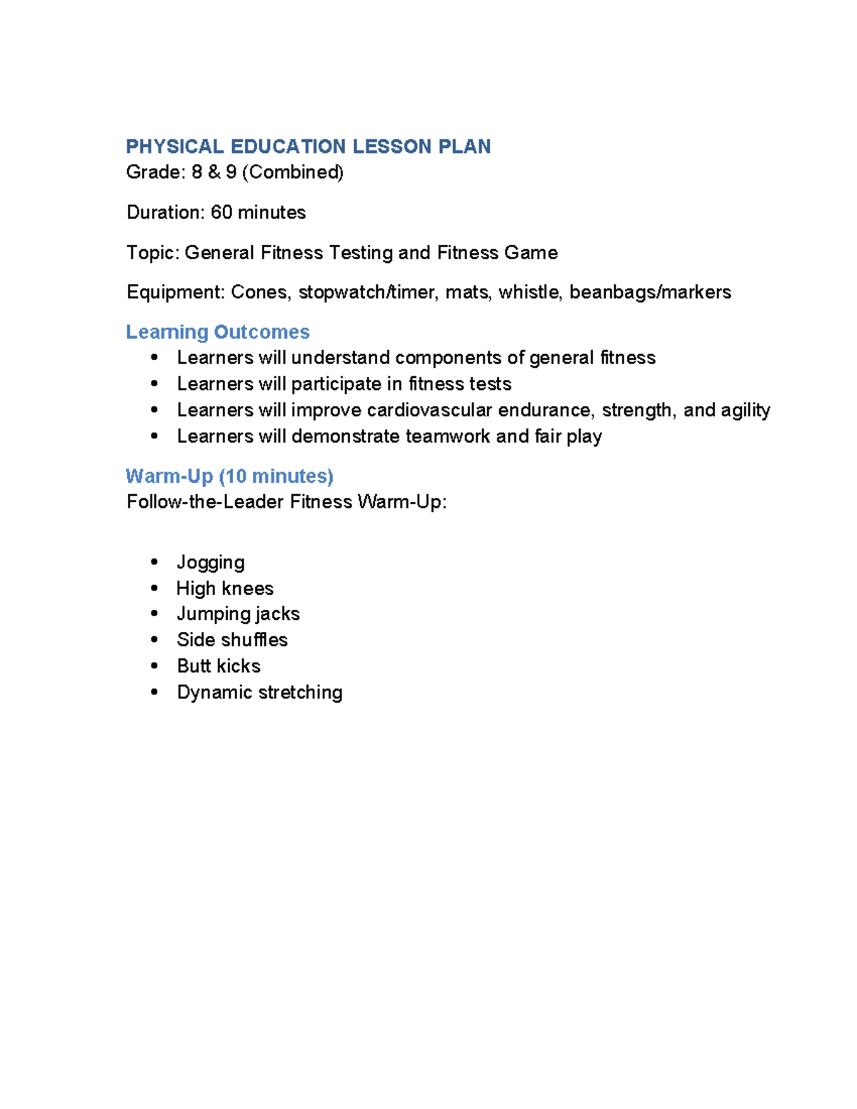 PE Grade 8-9 Lesson Plan: General Fitness Testing & Games - Studocu