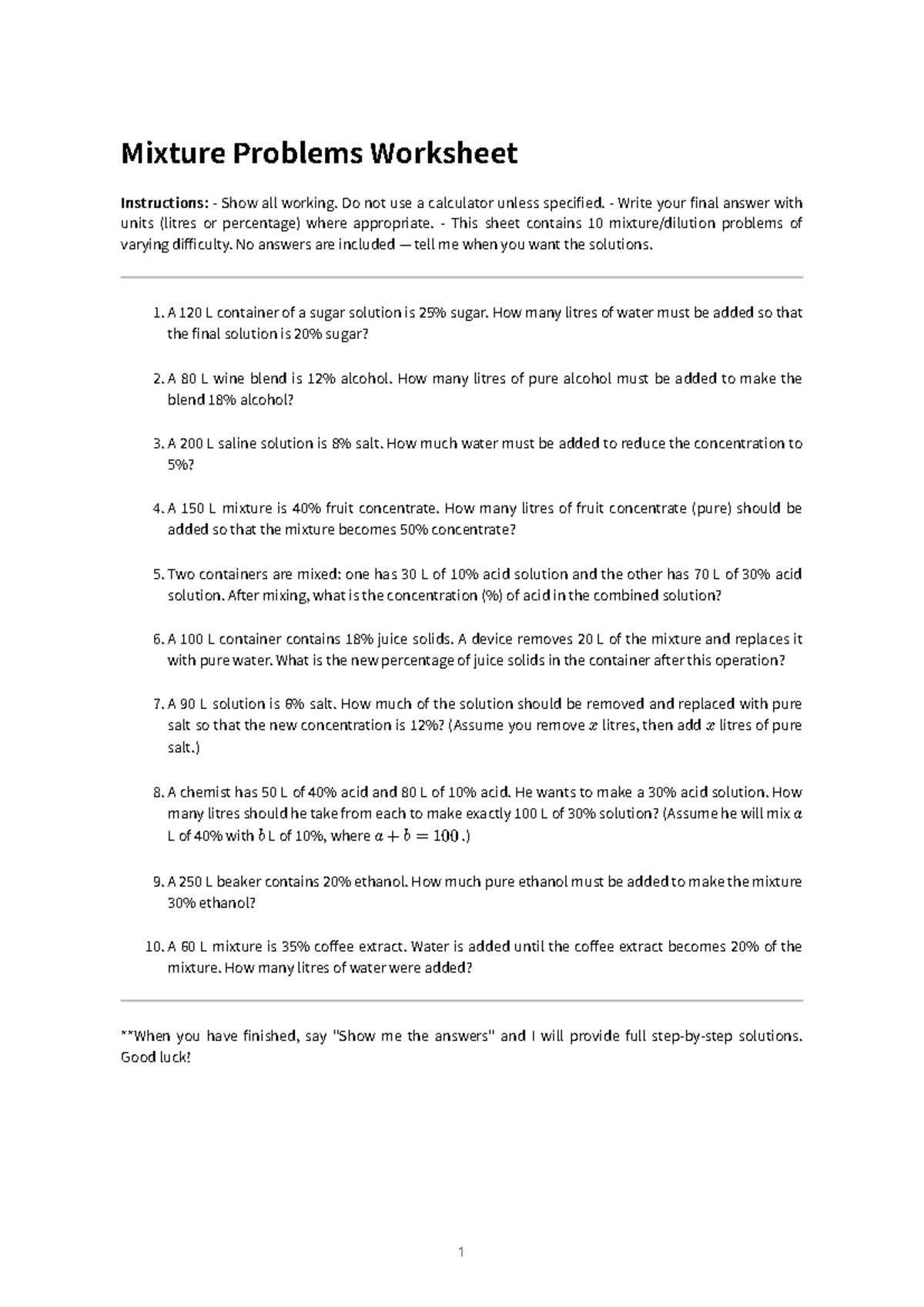 Mixture Problems Worksheet (10 Questions) - Practice Instructions - Studocu