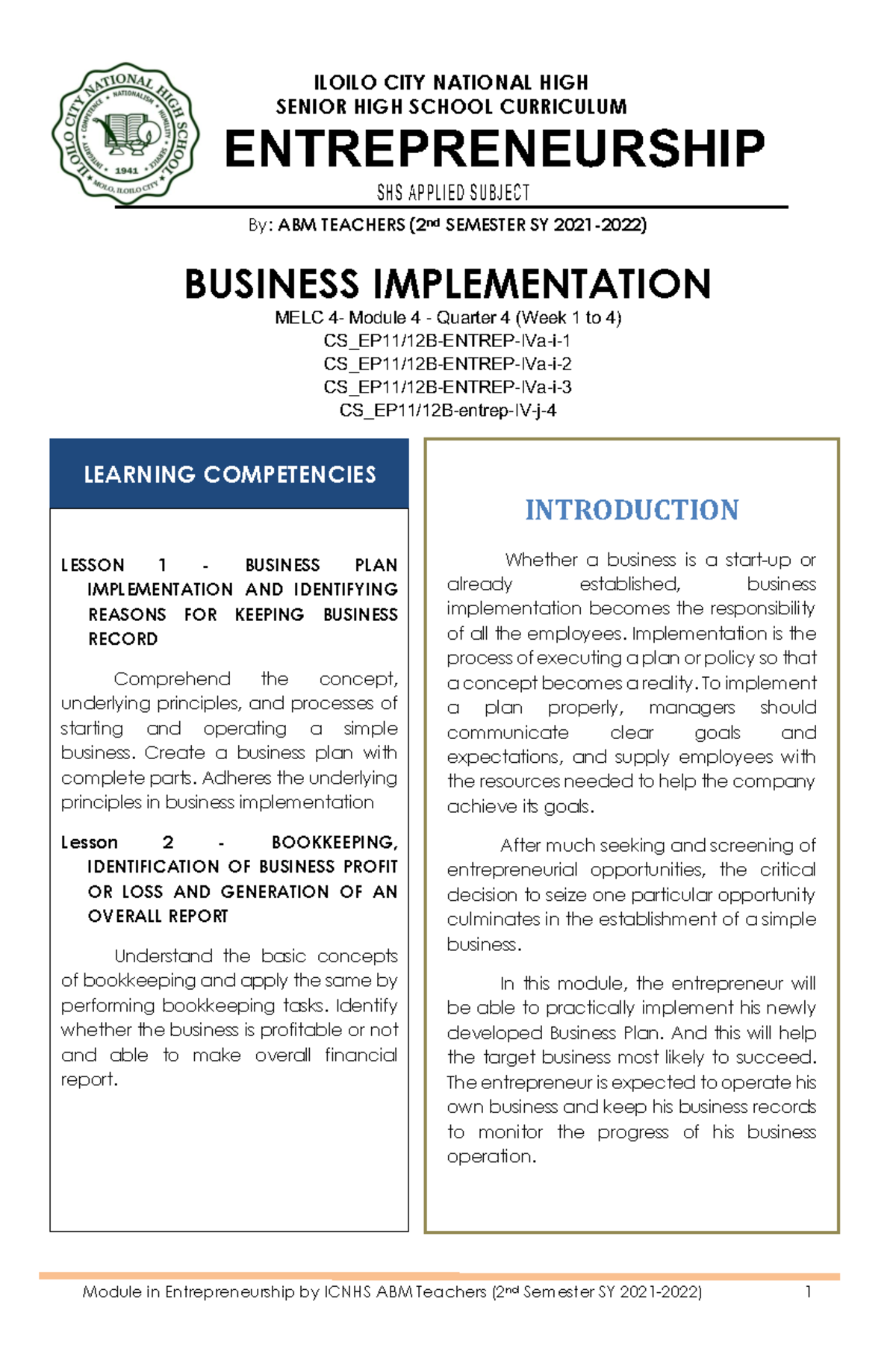 Module 4: Business Plan Implementation in Entrepreneurship (CS_EP11/12B ...