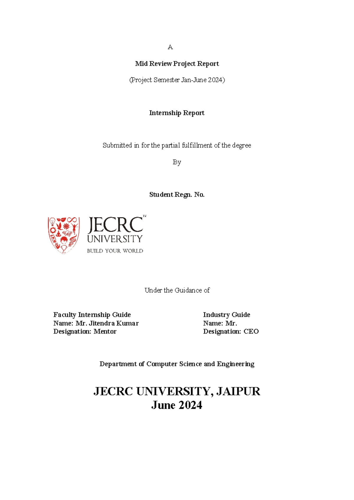 CS101: Mid Review Project Report Format for Internship 2024 - Studocu