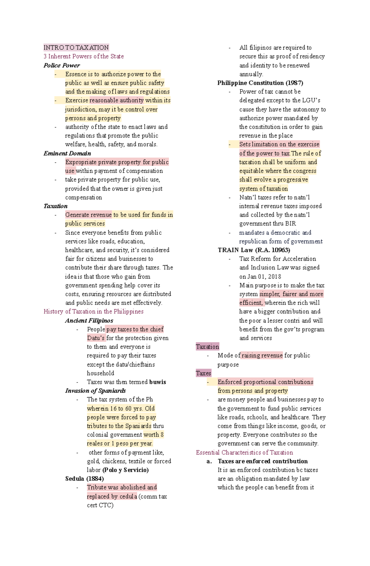 BAC TXTN Notes - INTRO TO TAXATION 3 Inherent Powers of the State ...