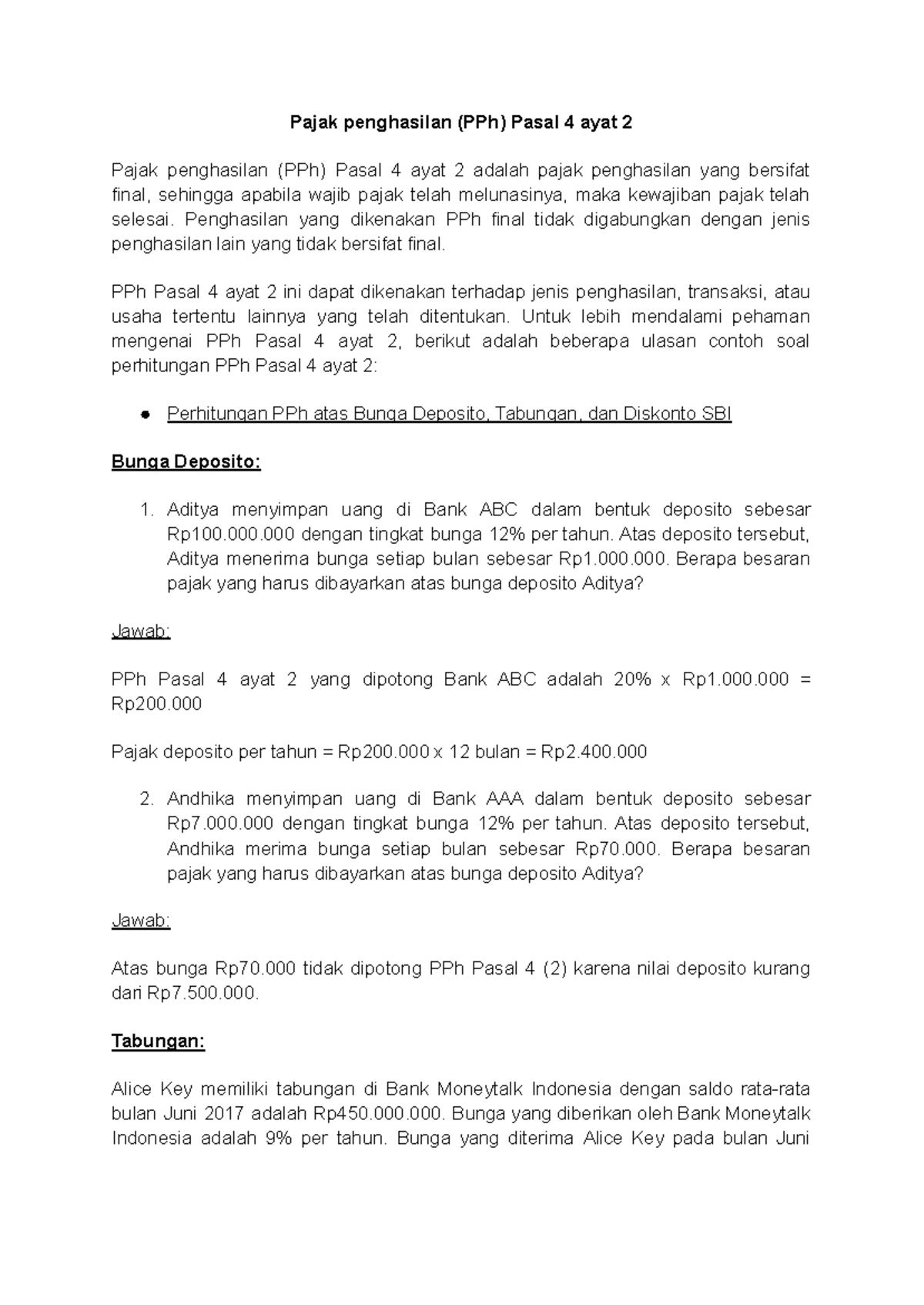PPh Pasal 4 ayat 2: Panduan dan Contoh Perhitungan Pajak Final - Studocu