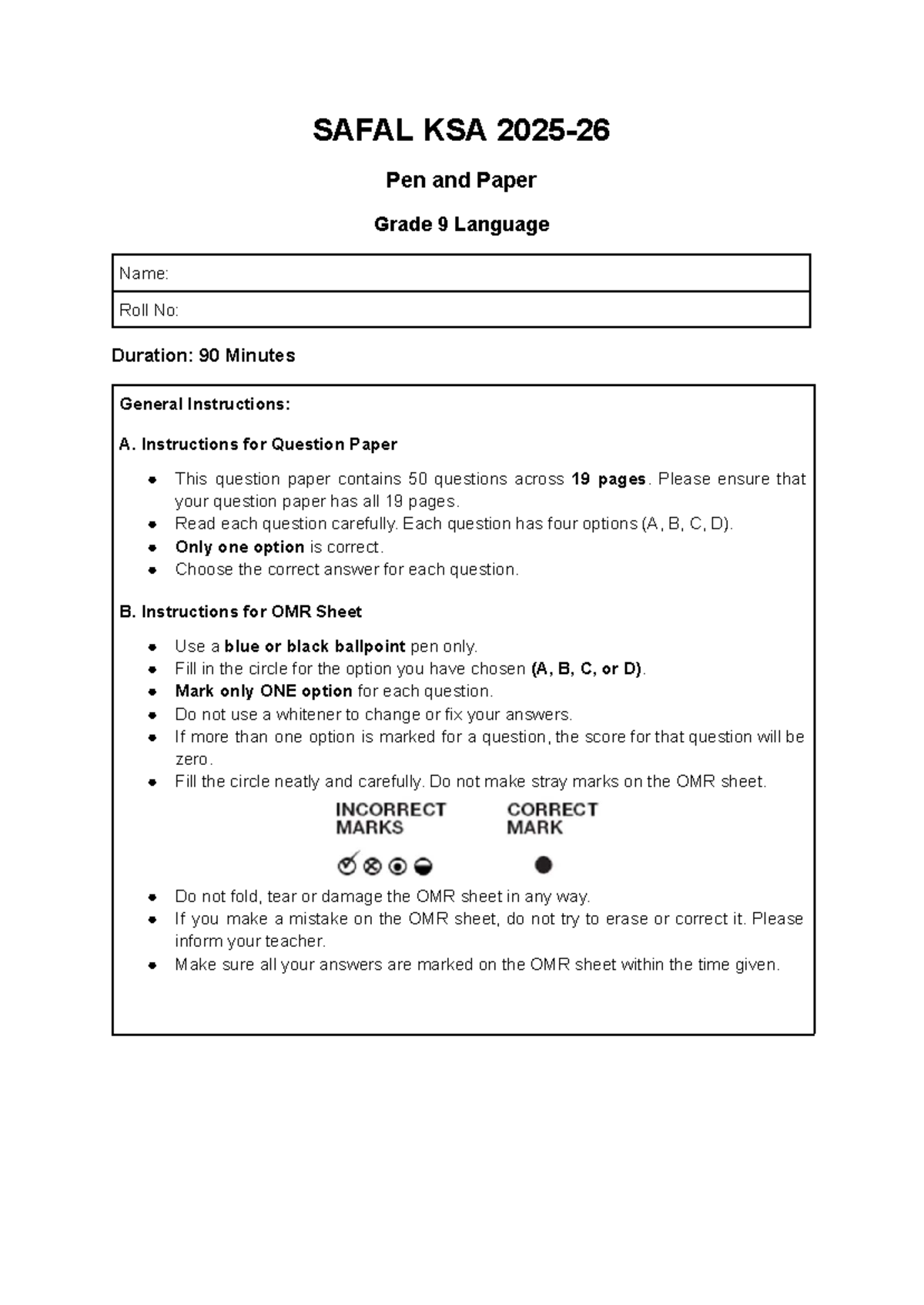 Grade 9 Language English Question Paper: SAFAL KSA Assessment - Studocu