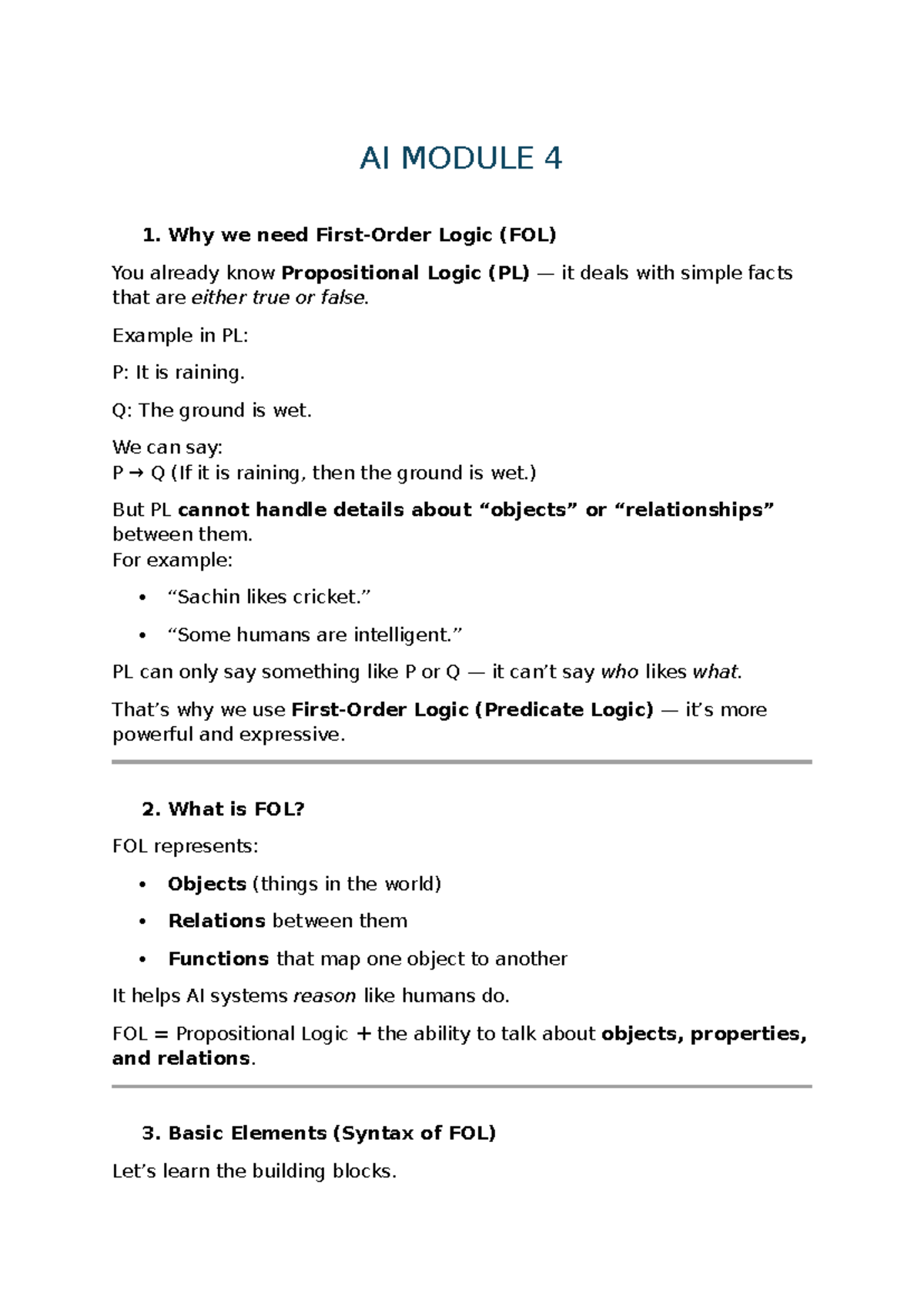 AI MODULE 4: Understanding First Order Logic (FOL) in AI - Studocu