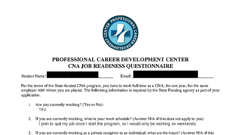 CNA Job Readiness Questionnaire for Professional Career Development ...