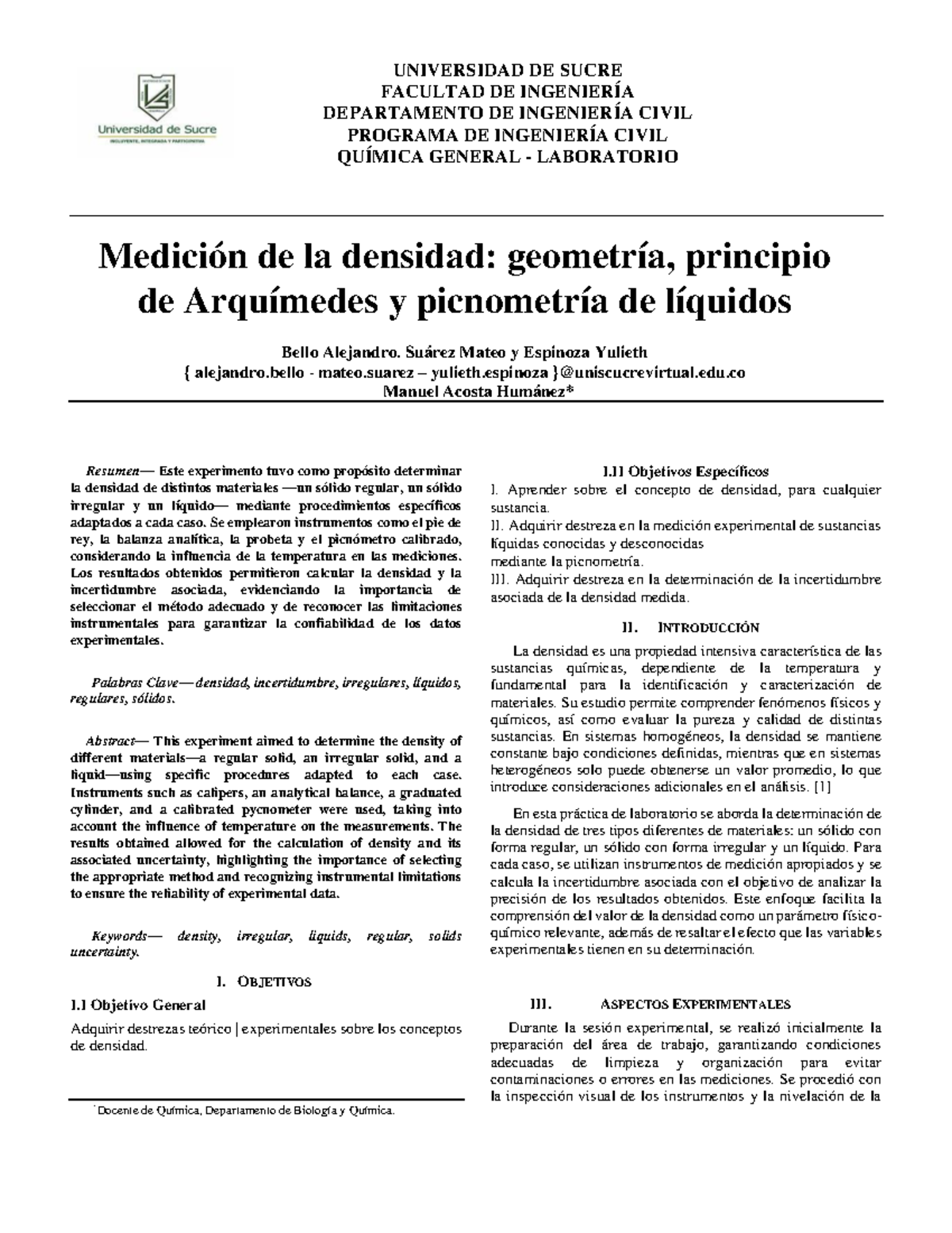 Laboratorio 5: Medición de Densidad y Principio de Arquímedes - Química ...