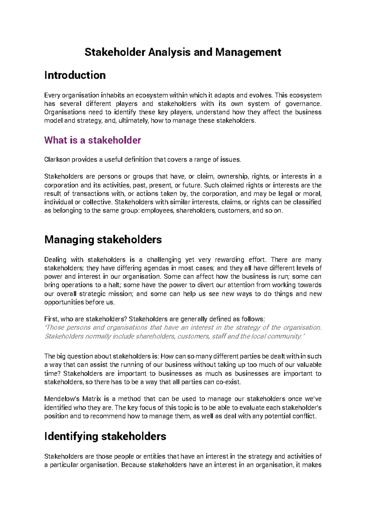 Stakeholder Management: Understanding the Mendelow Matrix - Studocu
