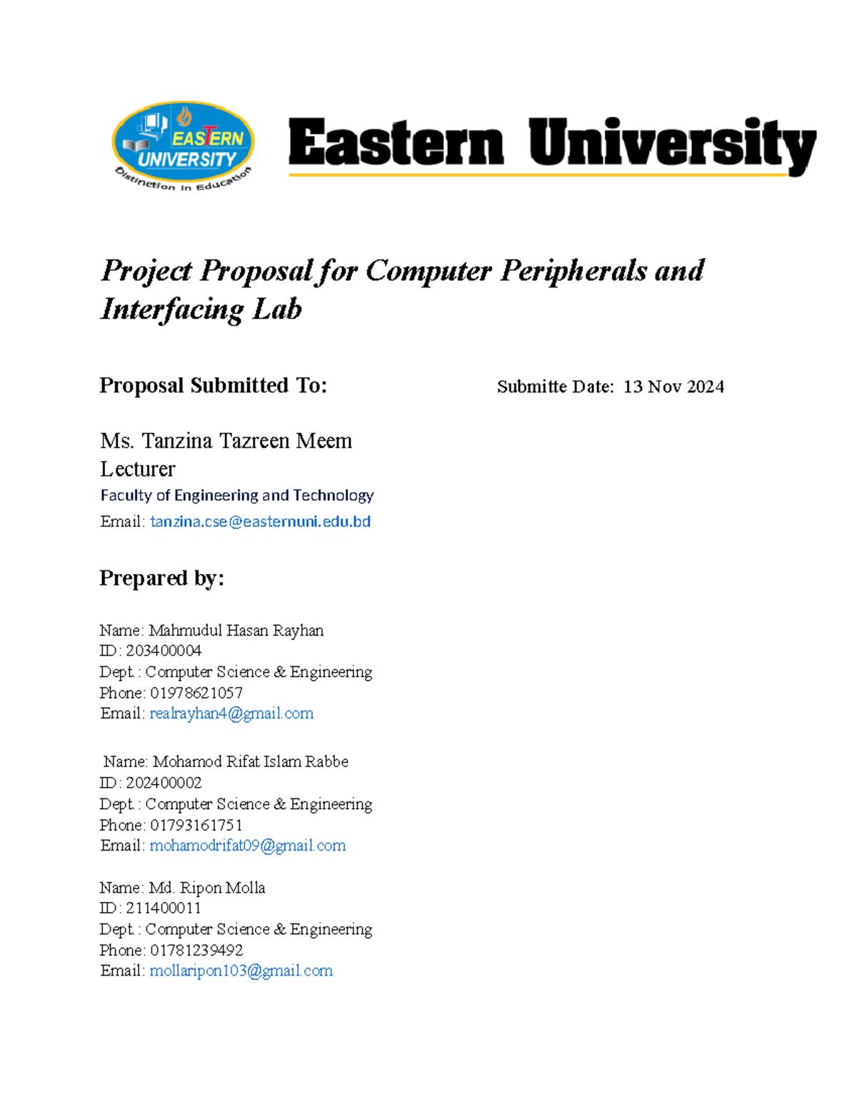 Computer Peripherals and Interfacing Lab - Project Proposal for ...