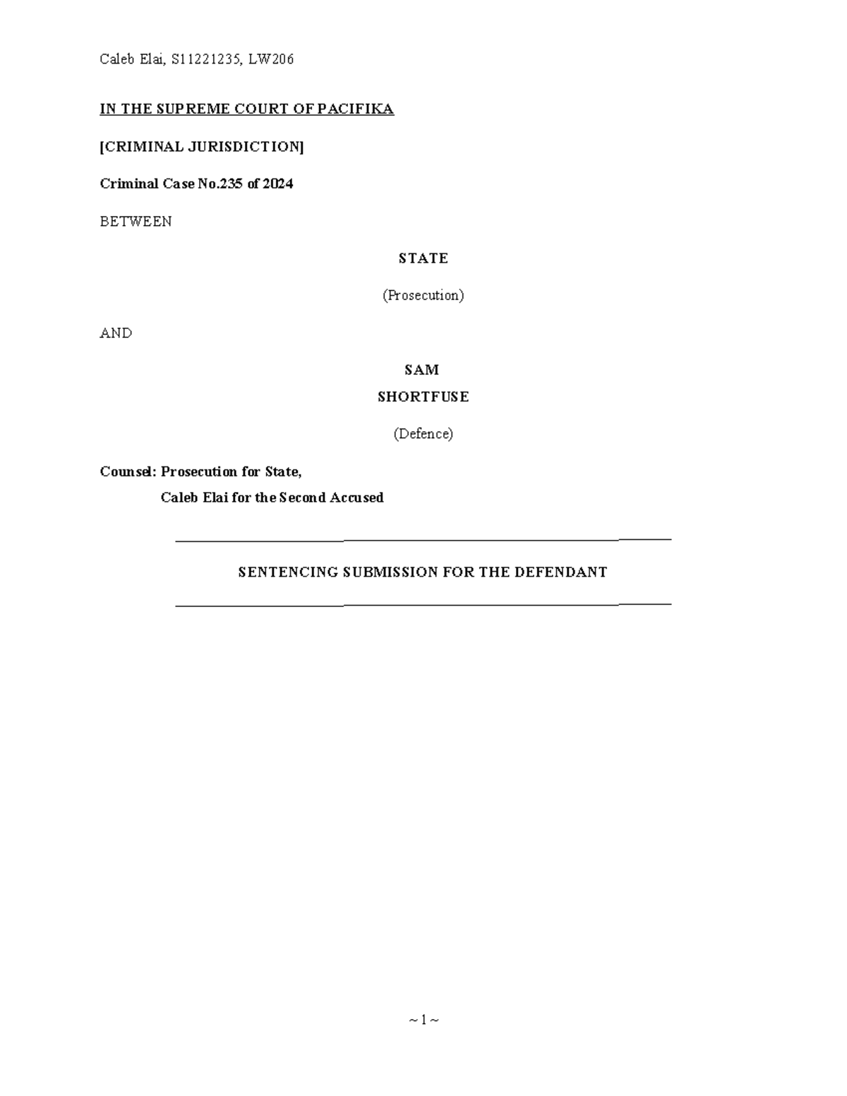 Defence Submission for Criminal Case No. 2024: Sentencing Argument ...
