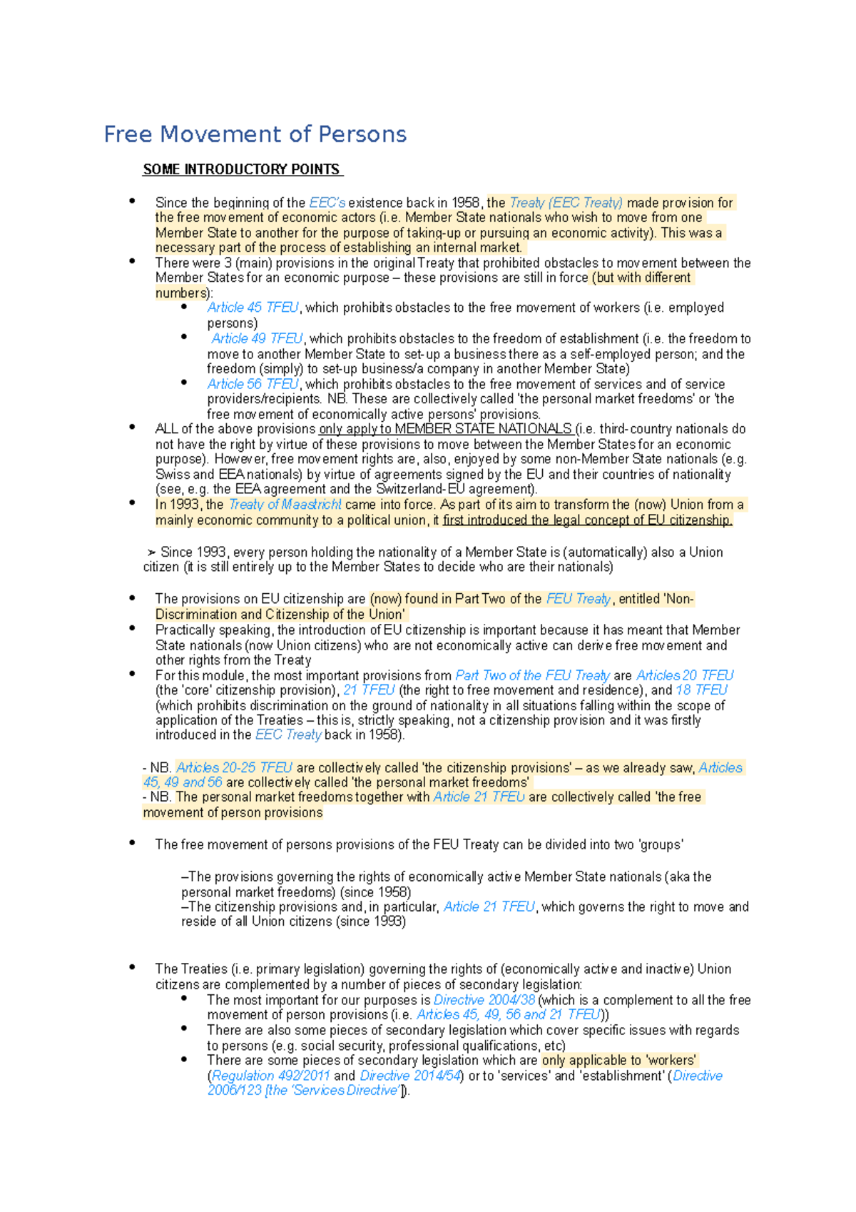 Free Movement of Persons in the EU: Provisions and Principles - Studocu