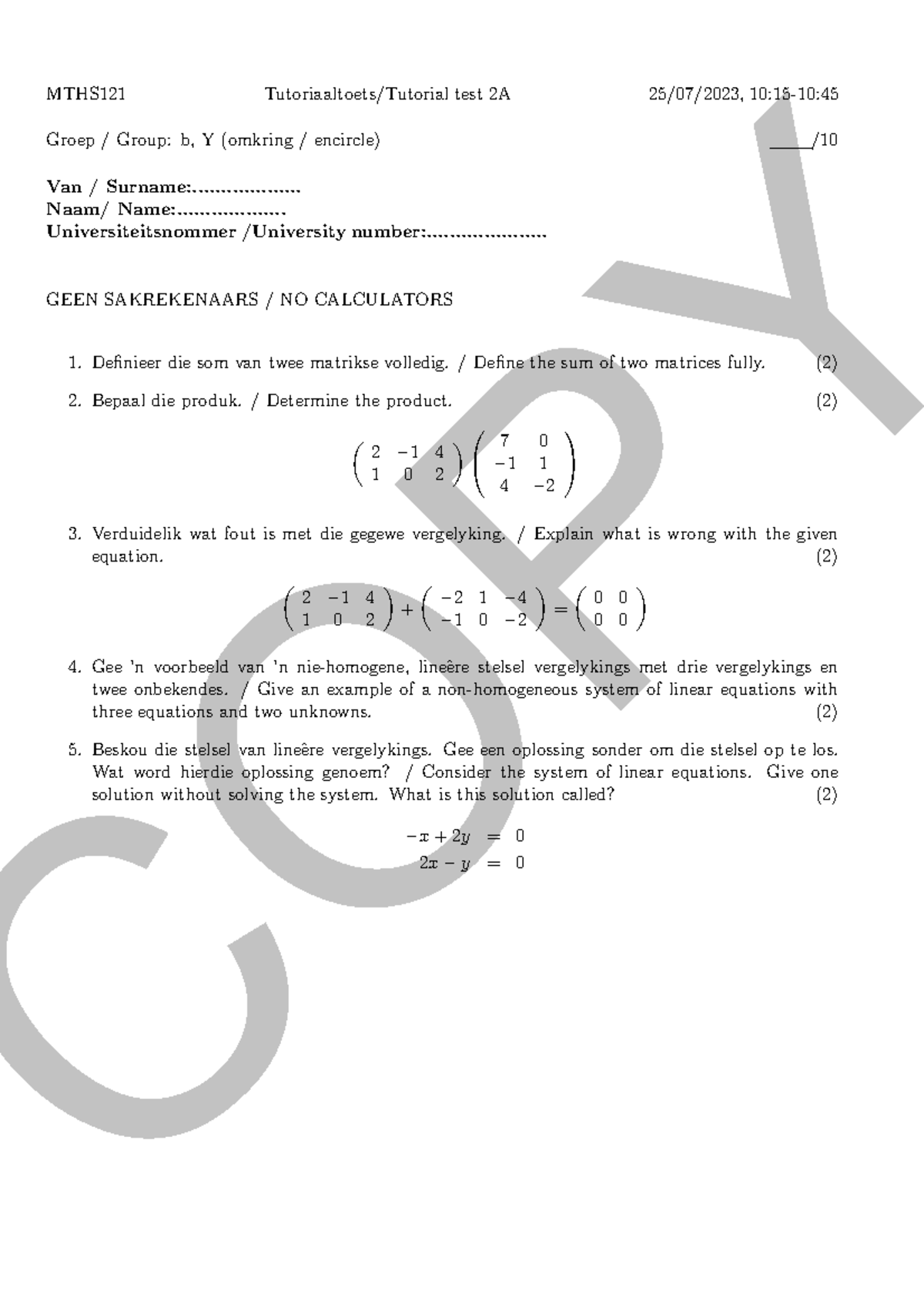 MTHS121 Tutoriaaltoets 2 - 2023: Test A, B, and D - Studocu