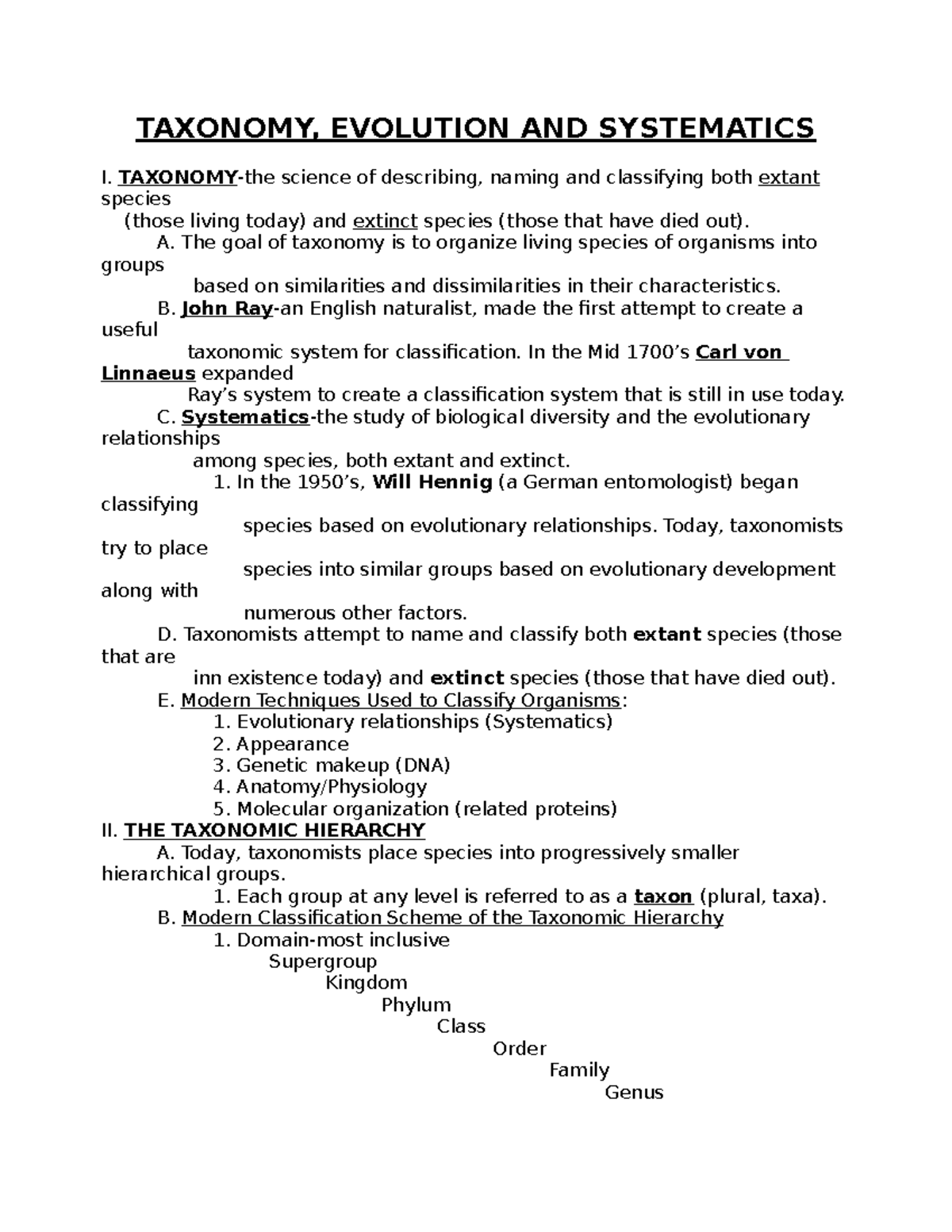 Taxonomy, Evolution, and Systematics Overview for BIO 101 Exam - Studocu