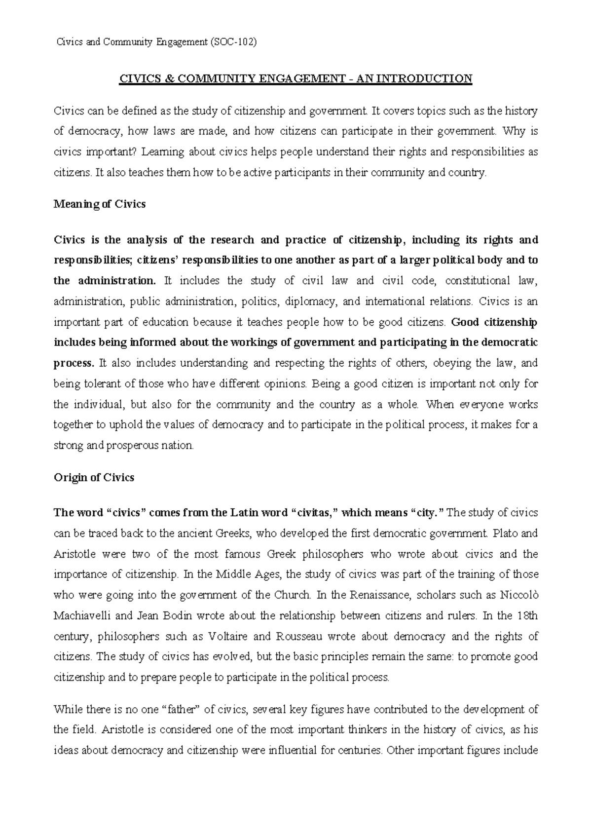 CIV 101: Introduction to Civics & Community Engagement Overview - Studocu