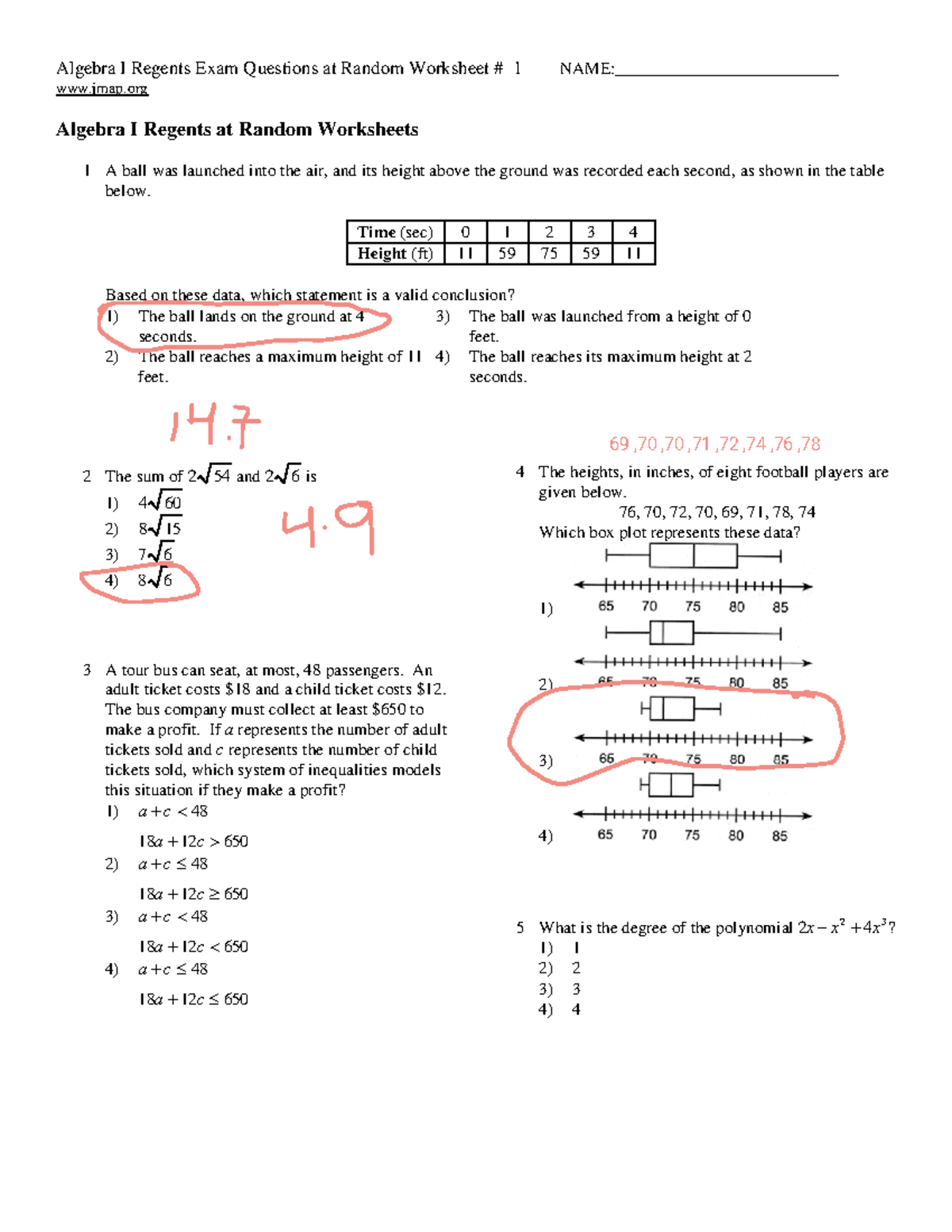 AI Regents AT Random Worksheets - Algebra I Regents Exam Questions at ...