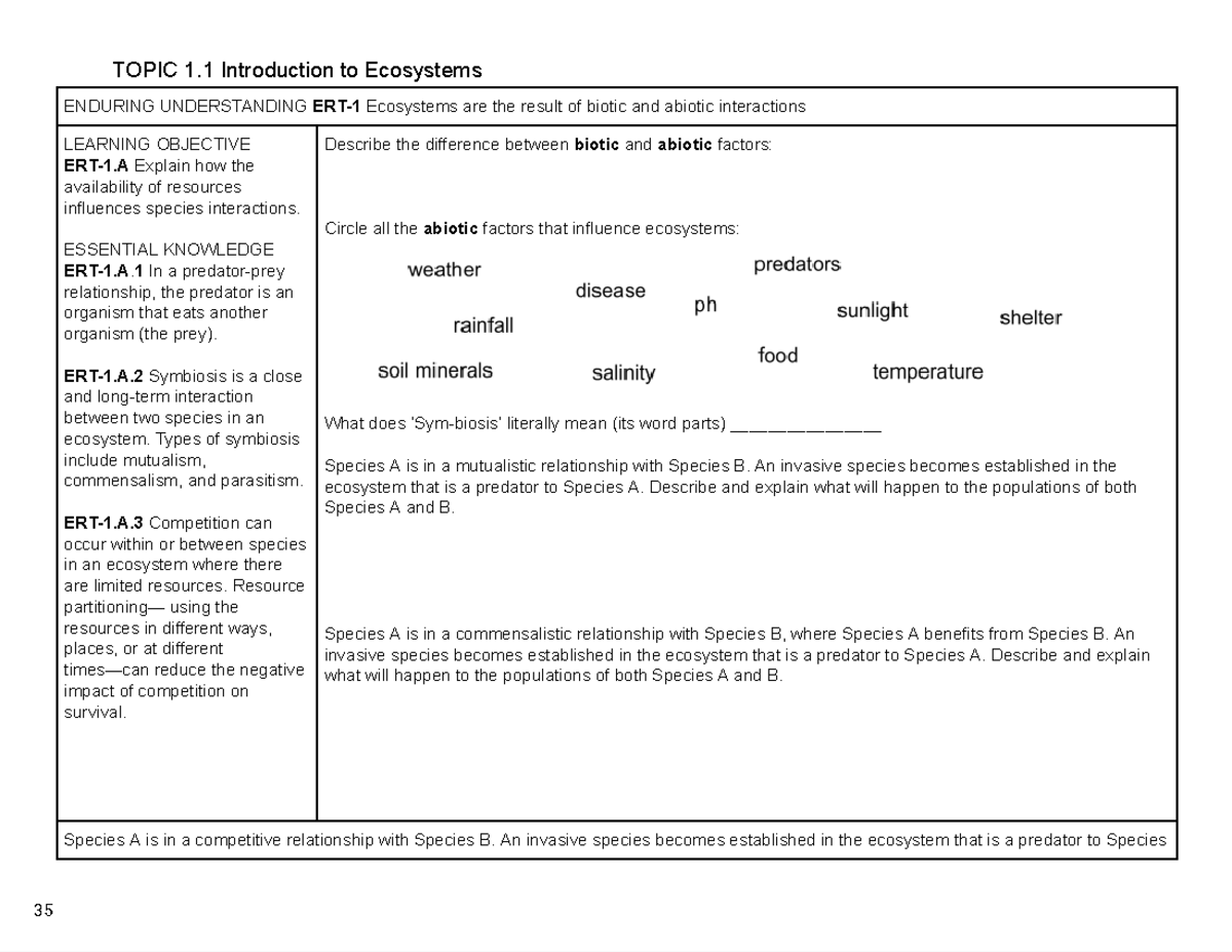 Unit 1 Review Sheets: Ecosystems ERT-1, ENG-1 Insights and Concepts ...