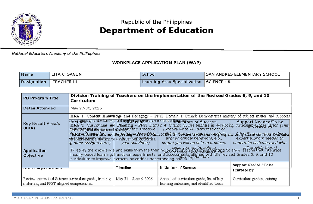 Grade 6 Science WAP: Implementation of Revised Curriculum Plan - Studocu