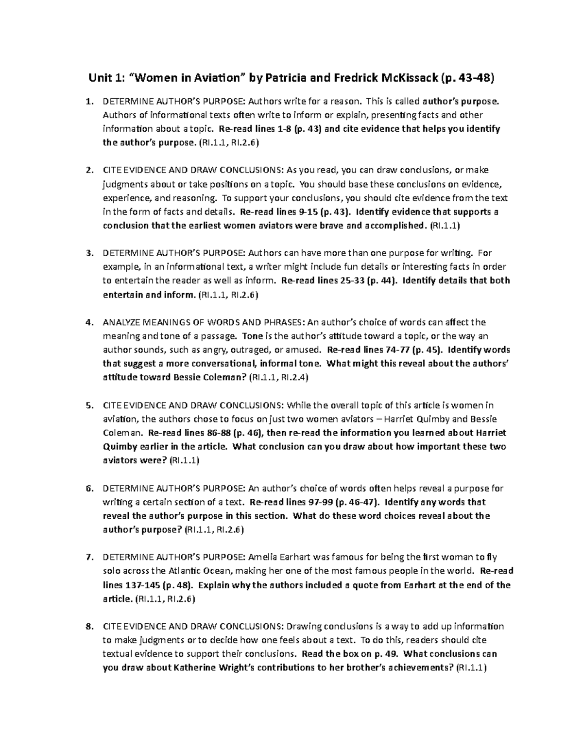 Unit 1 comp questions - Popeyes - Unit 1: “Women in Aviation” by ...