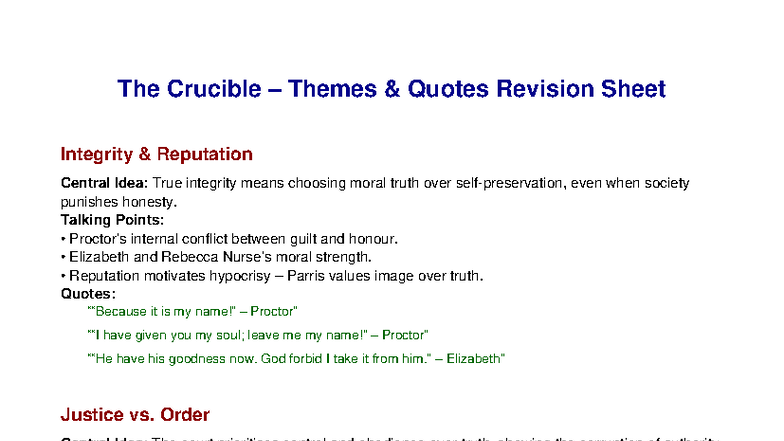 The Crucible Themes Revision Sheet: Integrity, Reputation & Authority ...