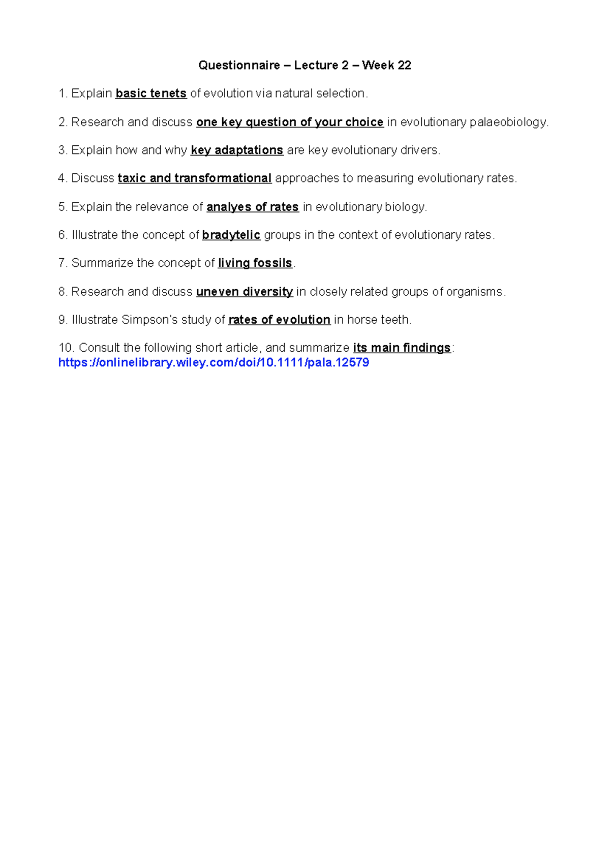Evolutionary Biology Questionnaire: Lecture 2, Week 22 - Studocu